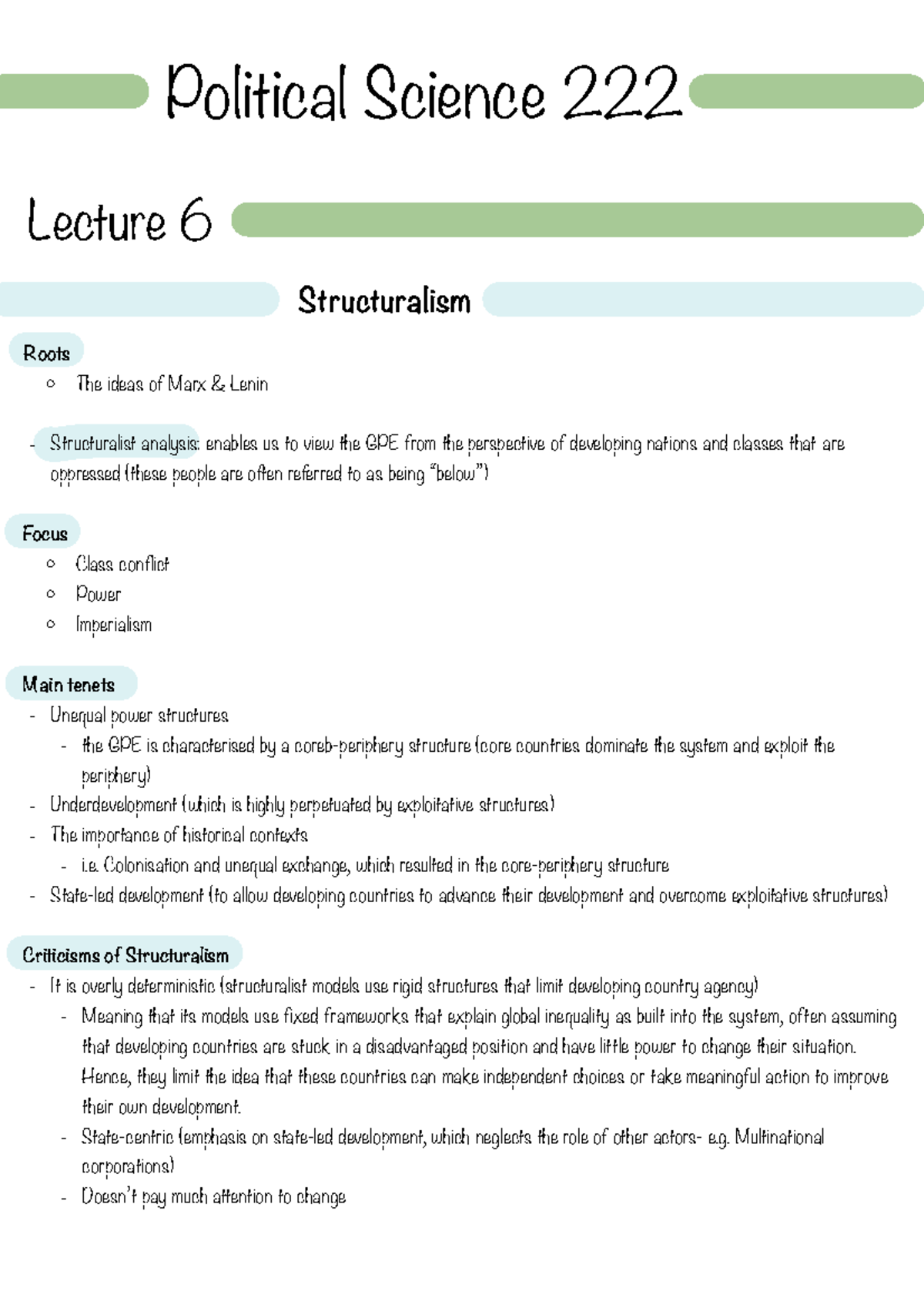 Political Science 222 - Lecture Notes on Structuralism and GPE - Studocu