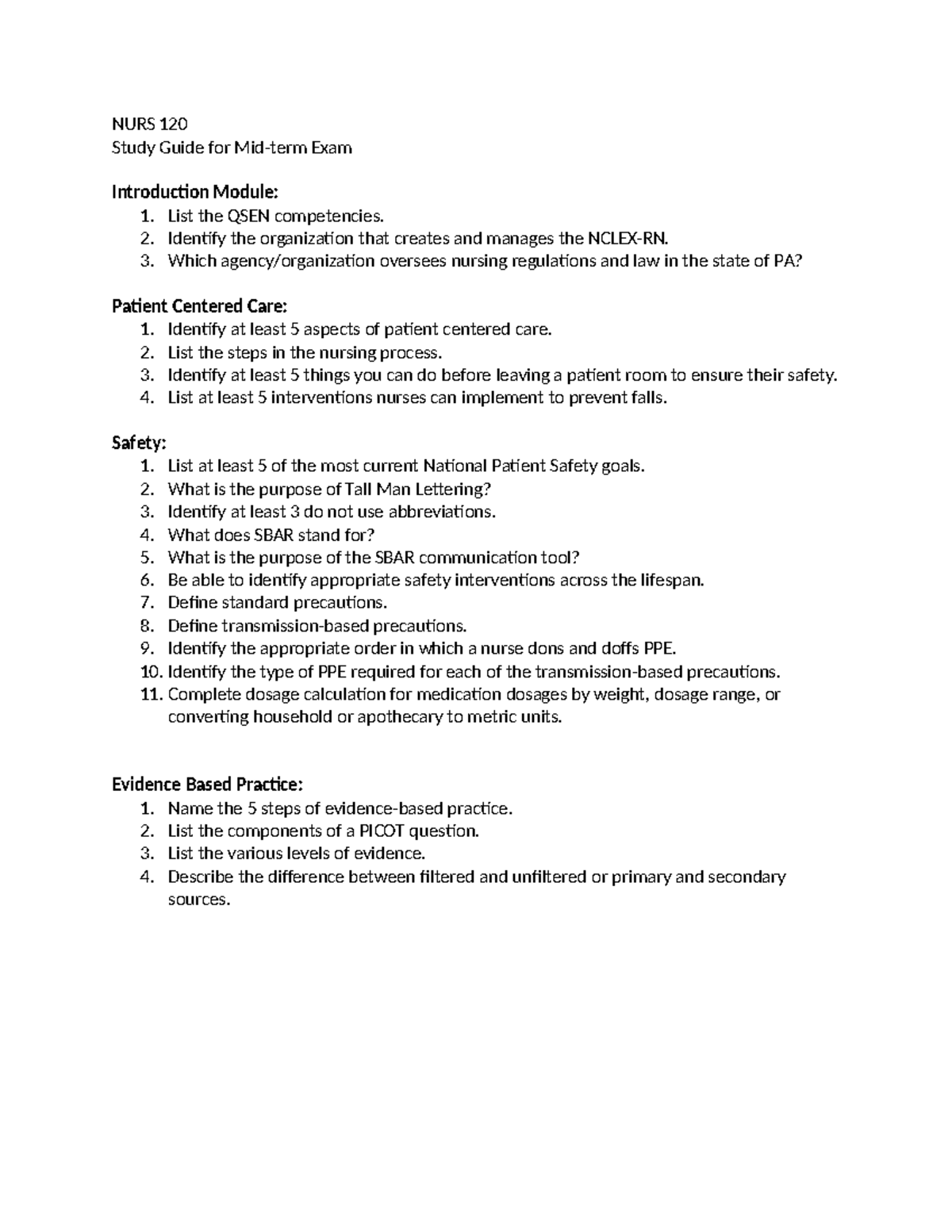 NURS 120 Mid-Term Exam Study Guide: Key Concepts & QSEN Competencies ...