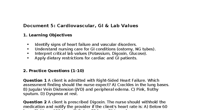 Cardiovascular & GI Lab Values: Key Concepts & Practice Questions - Studocu