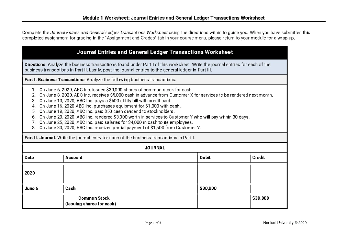 Module 1: Journal Entries & Ledger Transactions Worksheet - Studocu