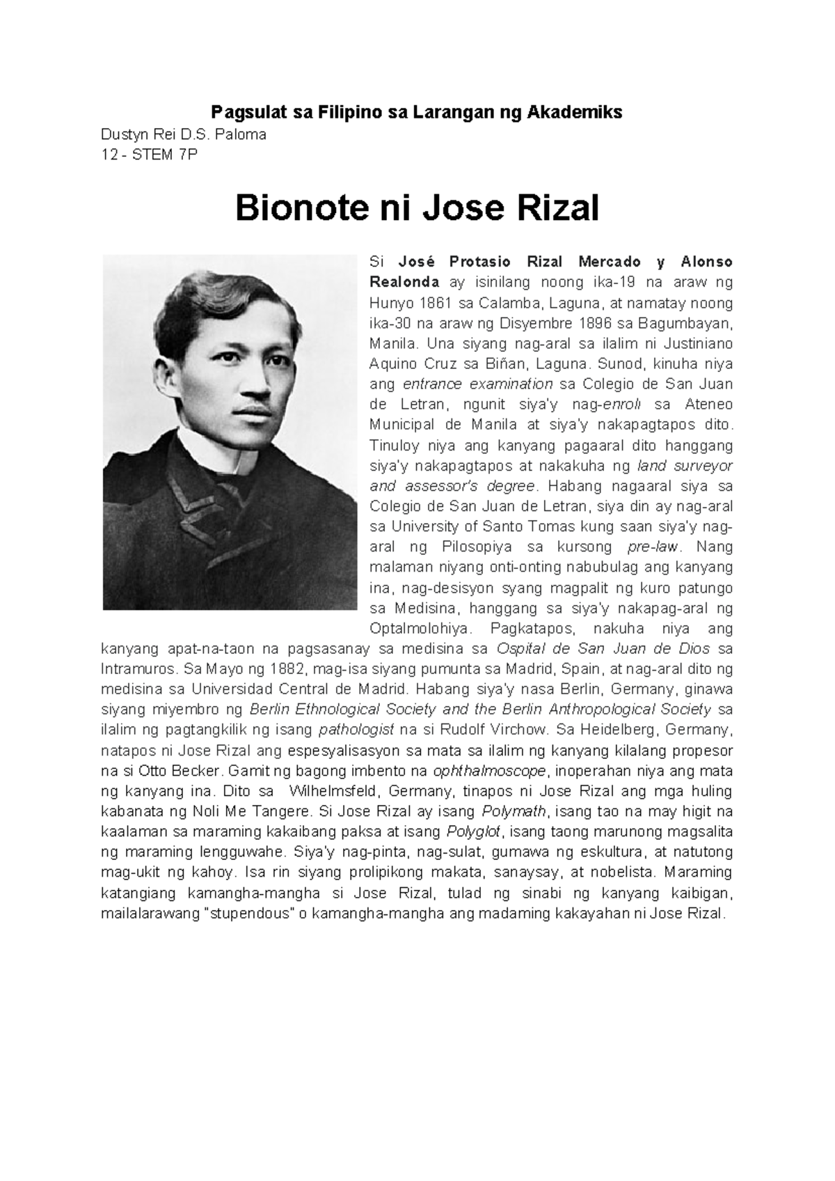 Bionote ni Jose Rizal: Pagsulat sa Filipino sa Akademiks 12 STEM 7P ...