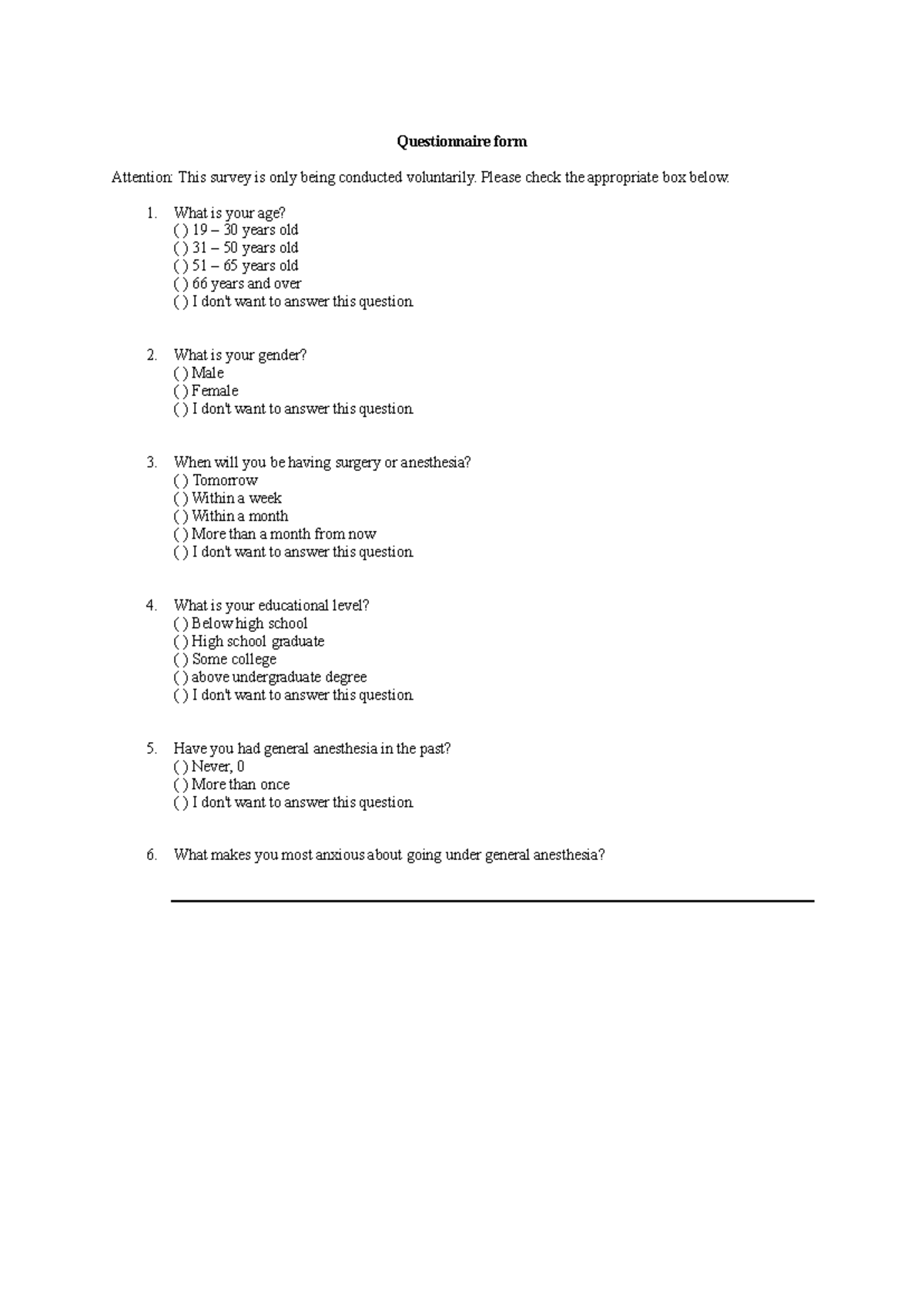 Medicina-2888048: Voluntary Questionnaire on Anesthesia Anxiety - Studocu