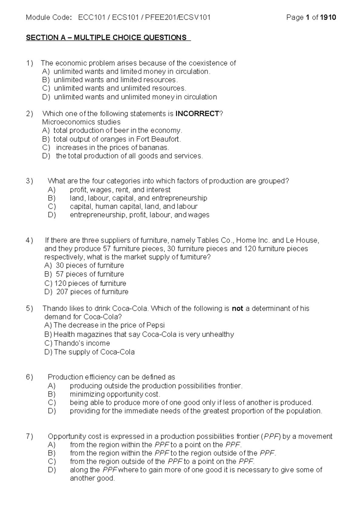 ECC101 - June 2018 Examination Paper - Multiple Choice & Long Questions ...