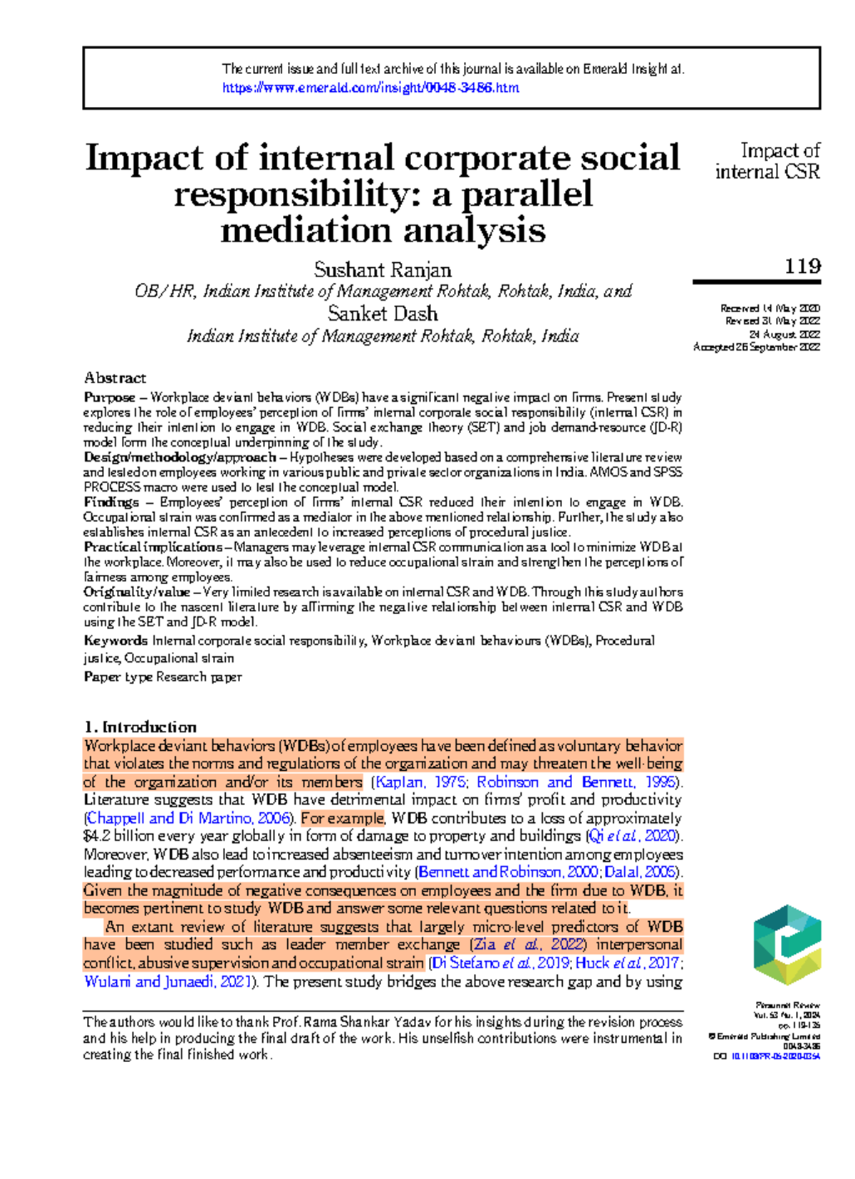 Impact of Internal CSR on Workplace Deviant Behavior: A Mediation Study ...
