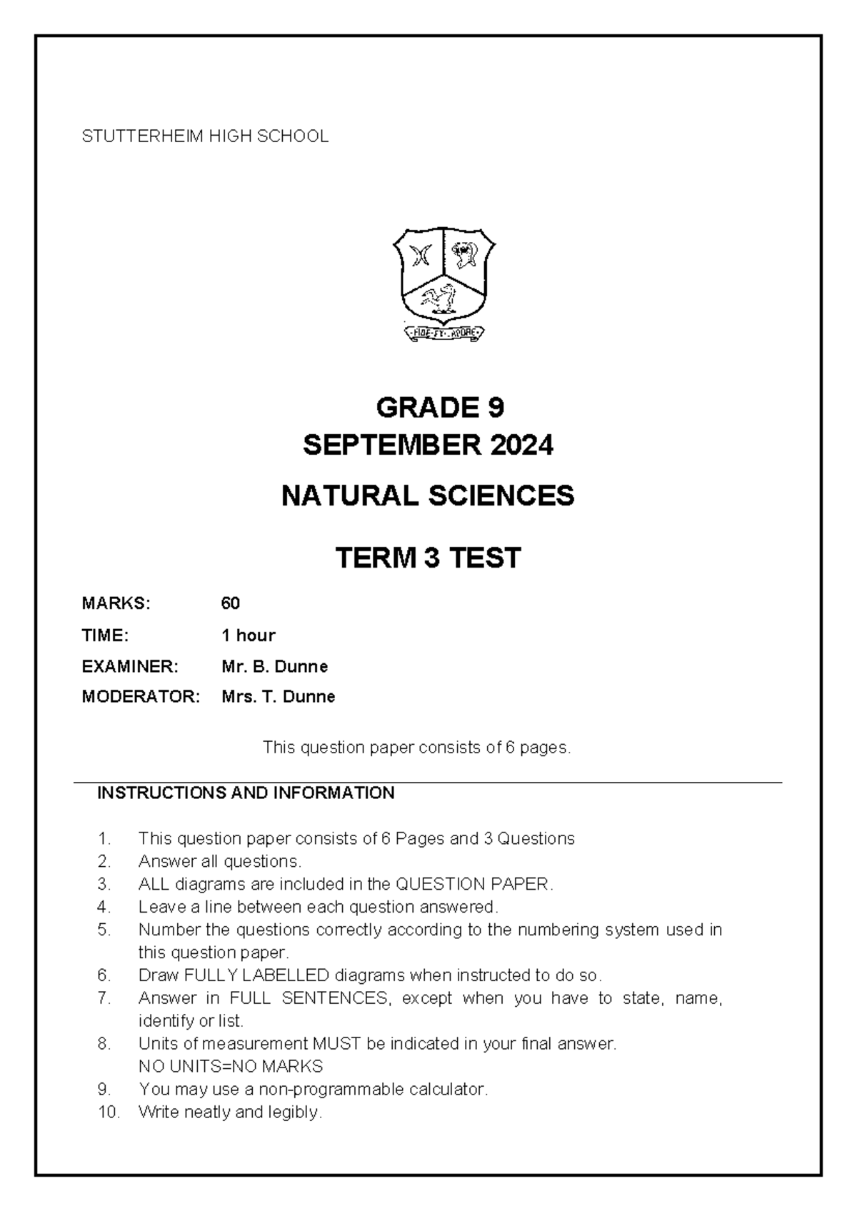 Grade 9 NS Term 3 Test 2024: Full Question Paper & Guidelines - Studocu