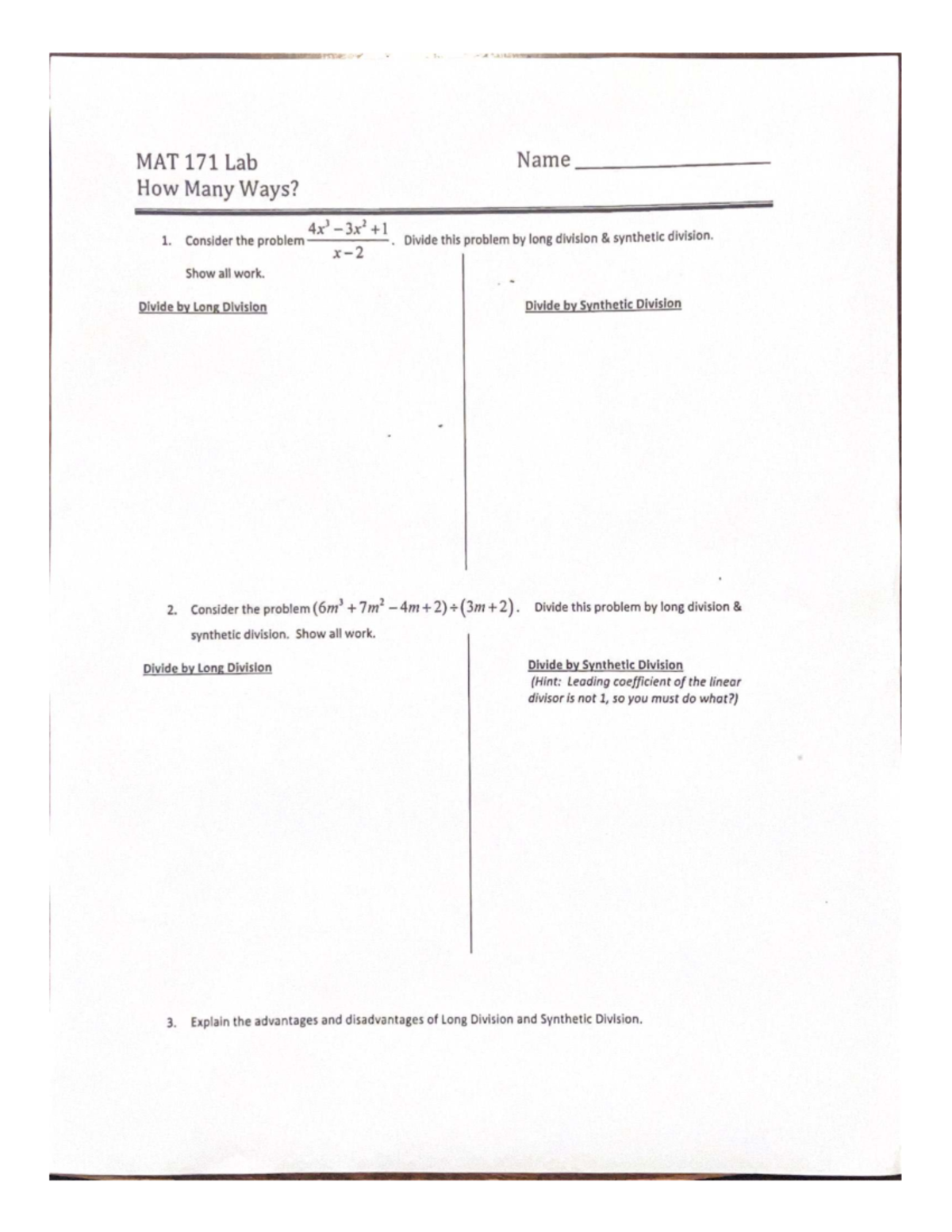 MAT 171 Lab: Long Division vs. Synthetic Division Analysis - Studocu
