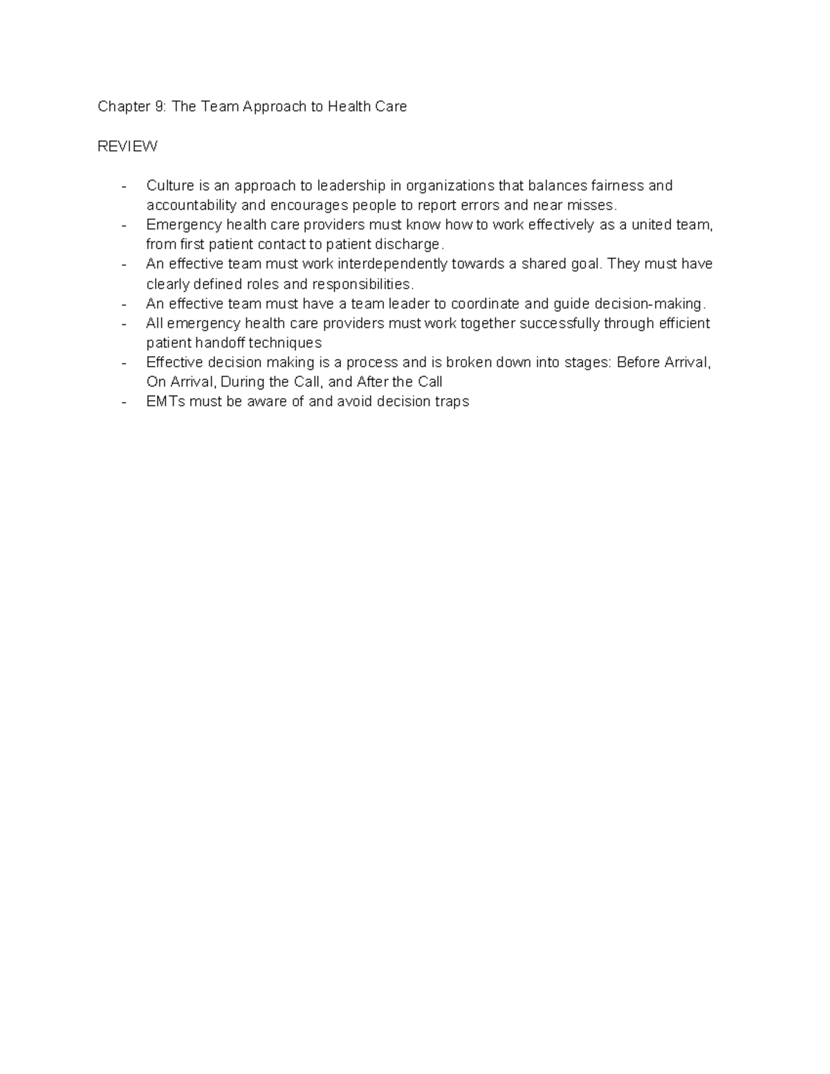 Chapter 9: Team Approach in Health Care - Review Notes - Studocu