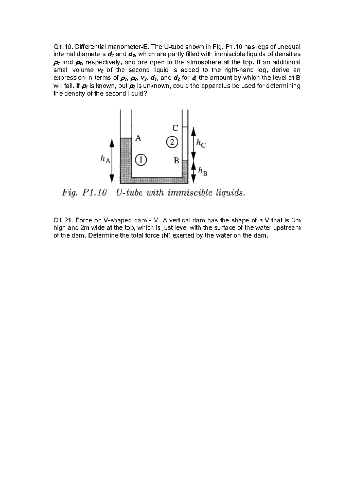 Tut 2 Questions: Fluid Mechanics Q1.10 & Q1.21 Analysis - Studocu