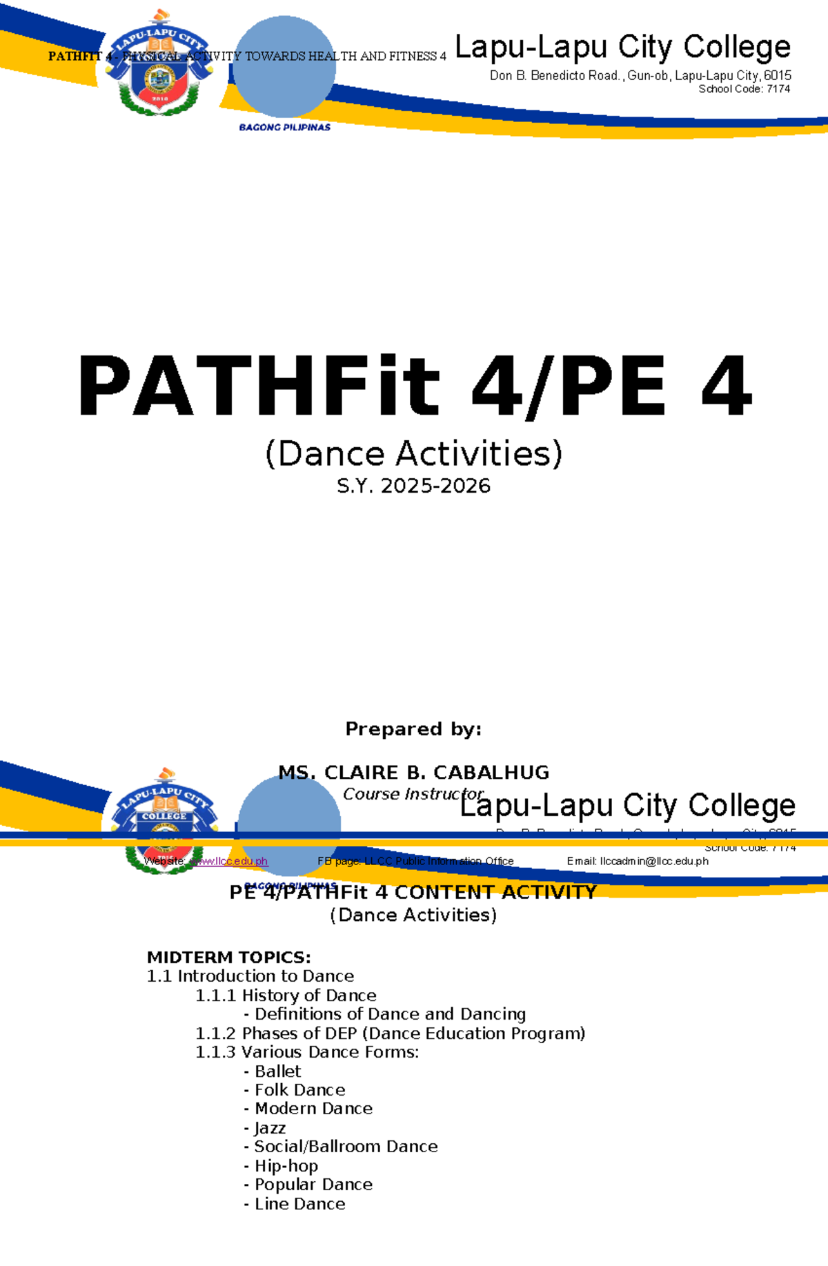 PATHFit 4 Midterm Exam: Dance Activities Overview SY 2025-2026 - Studocu