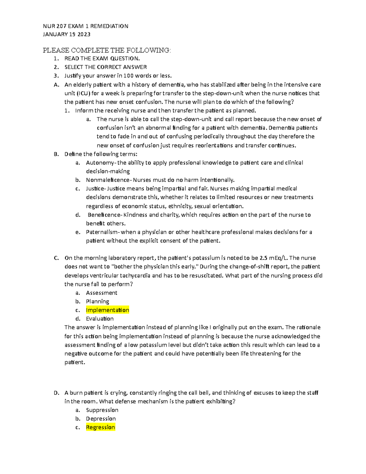 Remed EXAM 1 - Practice questions - NUR 207 EXAM 1 REMEDIATION JANUARY ...