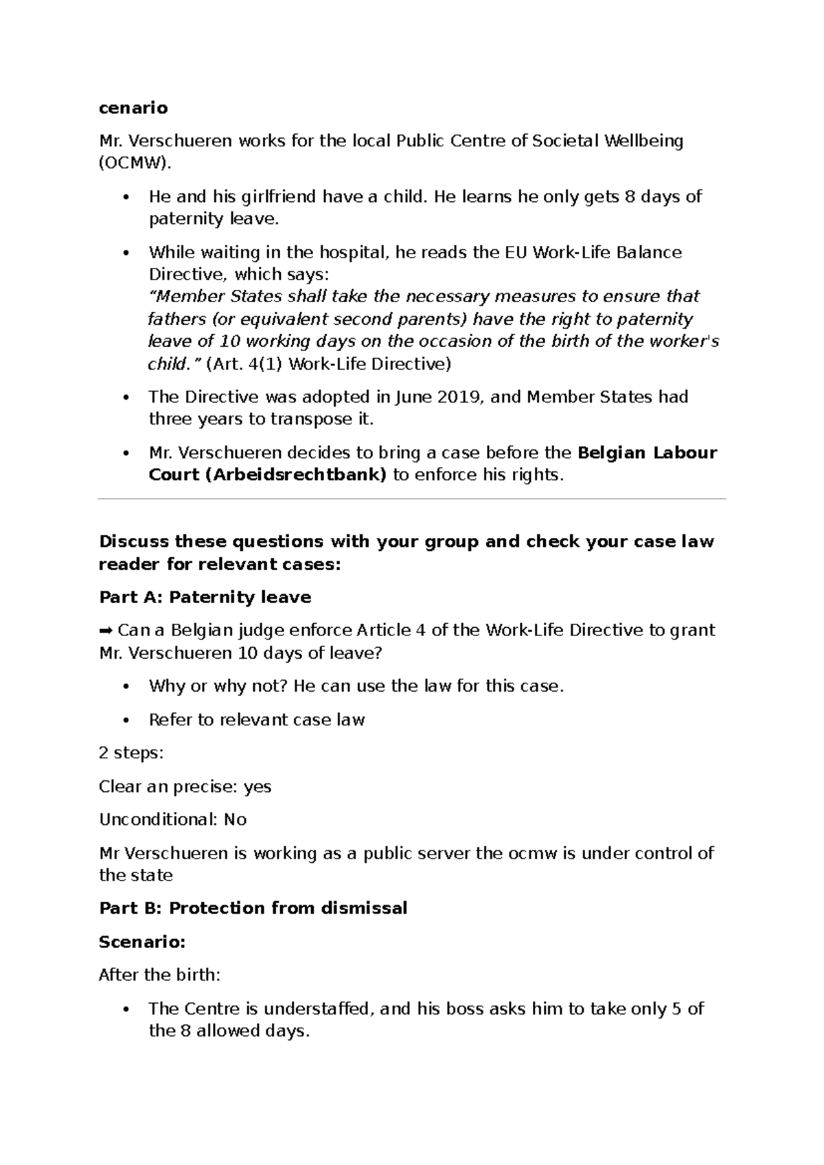 Paternity Leave Rights: Mr. Verschueren's Case Study Analysis - Studocu