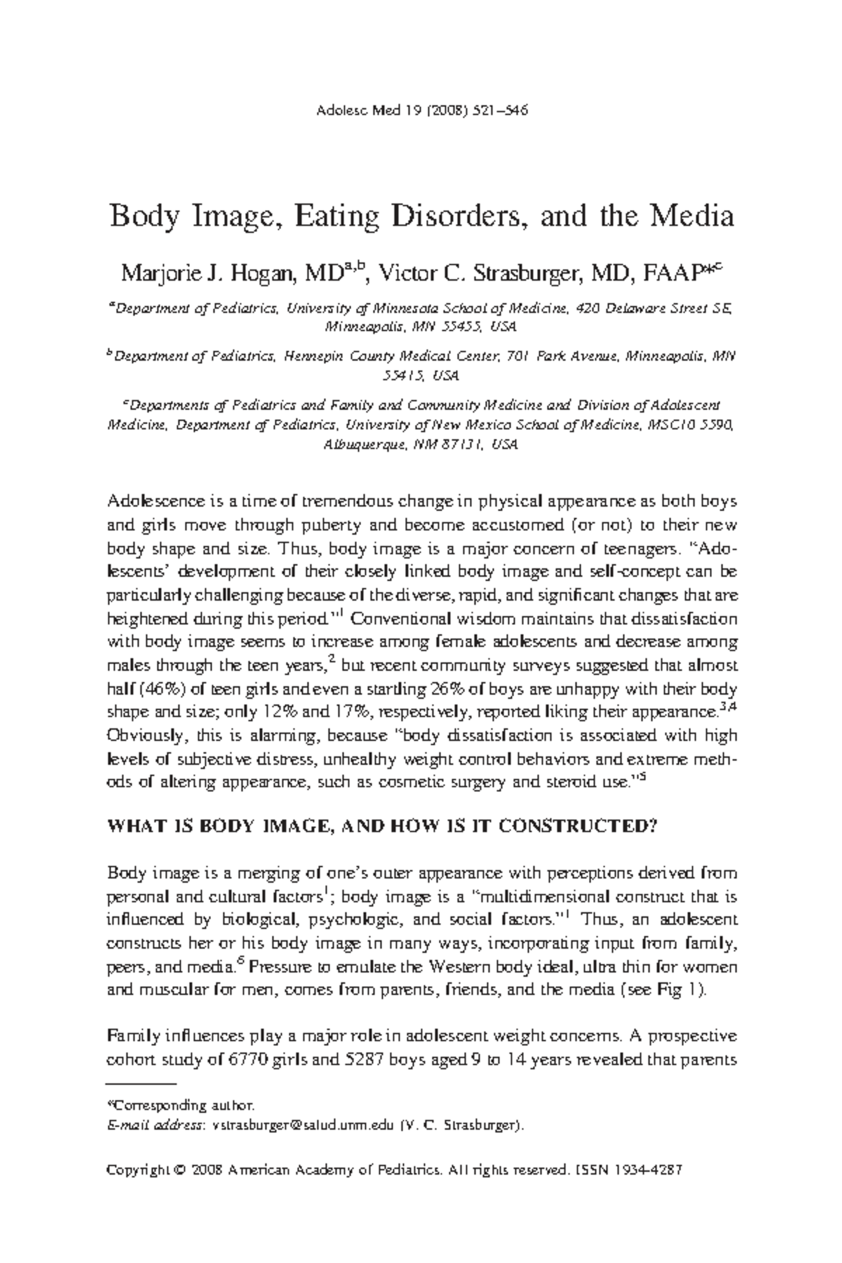Adolesc Med 19 (2008) Body Image, Eating Disorders, and Media Influence ...
