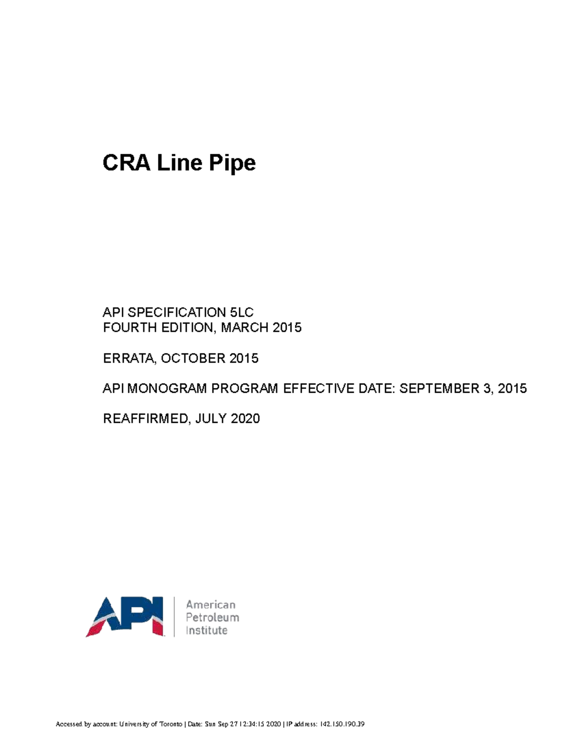 API 5LC-2015: CRA Line Pipe Specification and Guidelines - Studocu