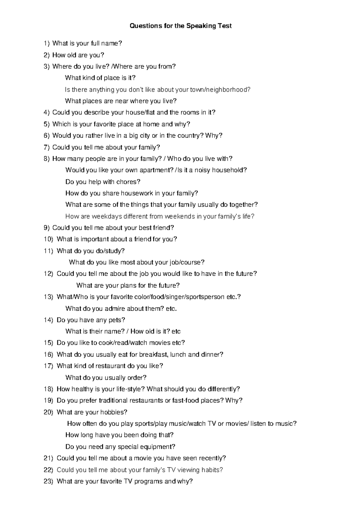 Oral Questions for Speaking Test: Practice Guide - Studocu