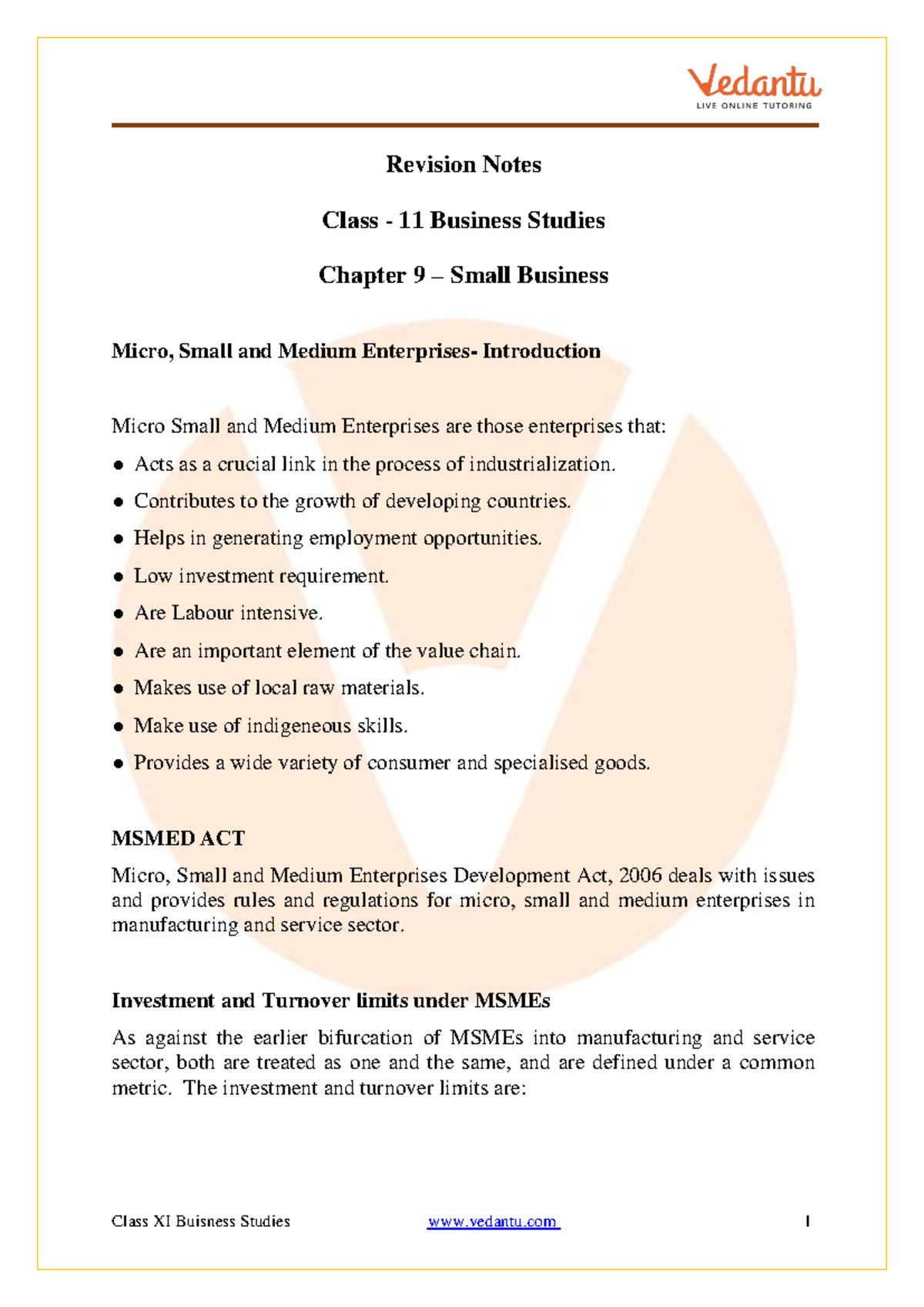 Small Business Class 11 Notes - CBSE Business Studies Chapter 9 - Studocu