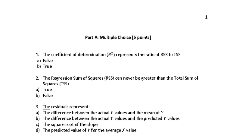 Regression Practice Questions for Stats 101: MCQ & Output Interpretation - Studocu