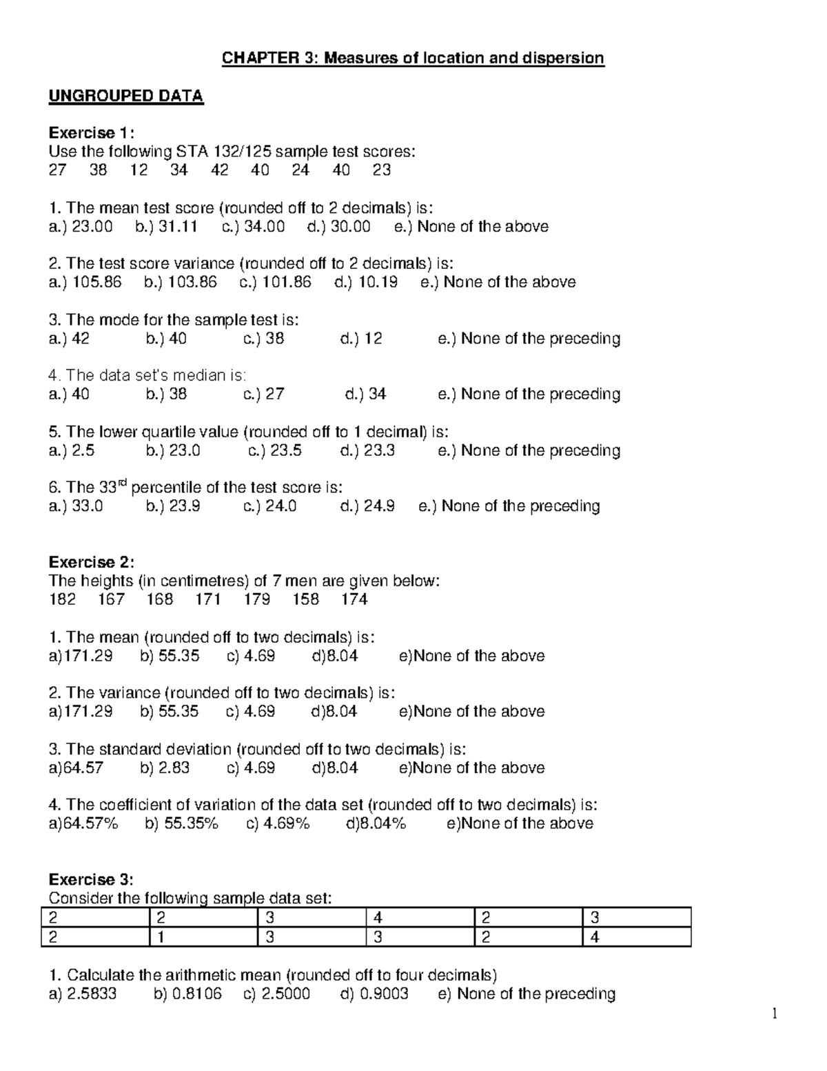 Ch 3 - Exercises on Measures of Central Tendencies - STA 132/125 - Studocu