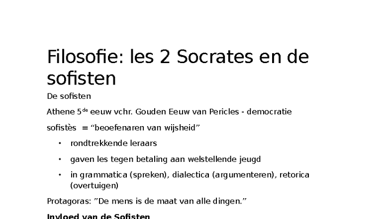 Filosofie: Les 2 - Socrates en de Sofisten in de 5de Eeuw v.Chr. - Studocu