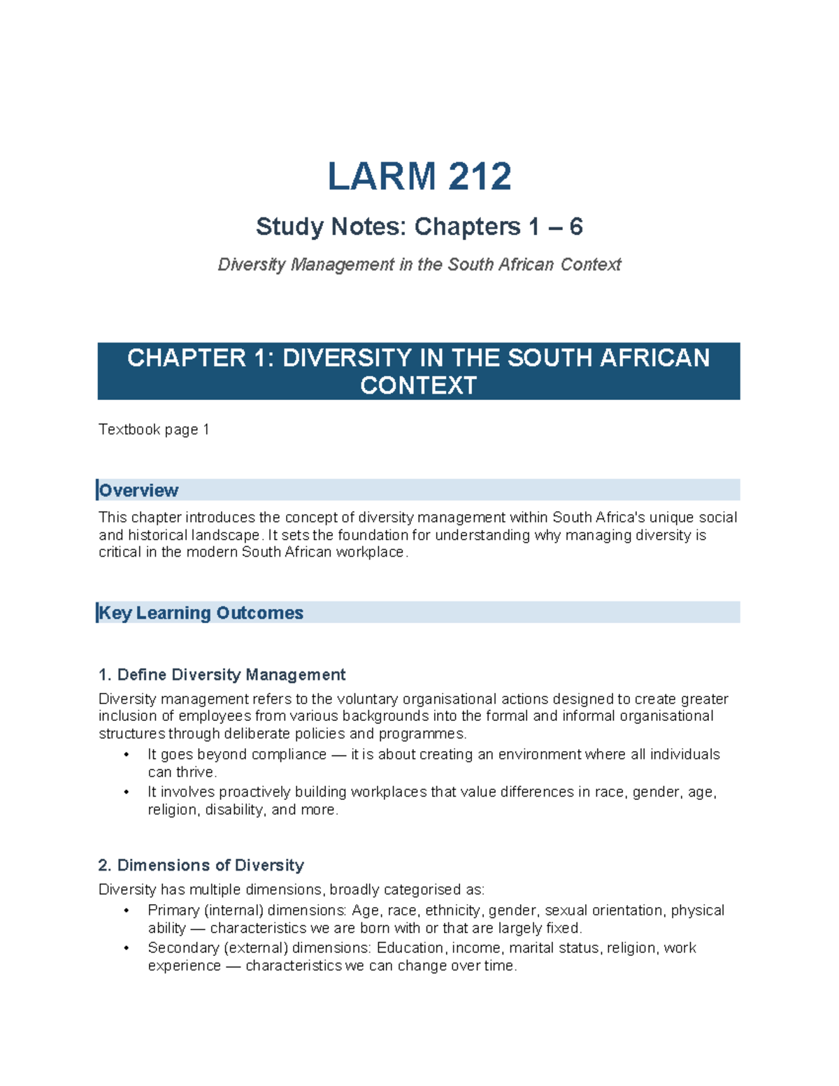 LARM 212 Study Notes: Chapters 1-6 on Diversity Management in SA - Studocu
