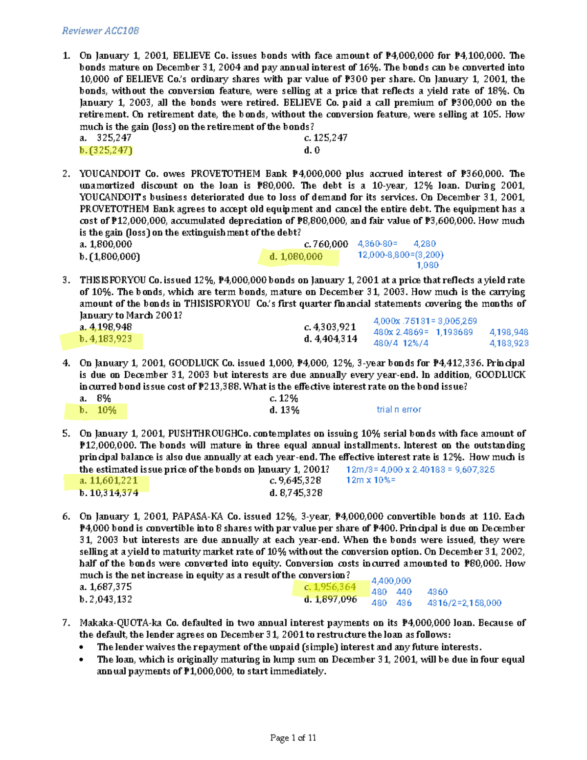 ACC 108 Reviewer Part 1: Problem Set and Solutions - Studocu
