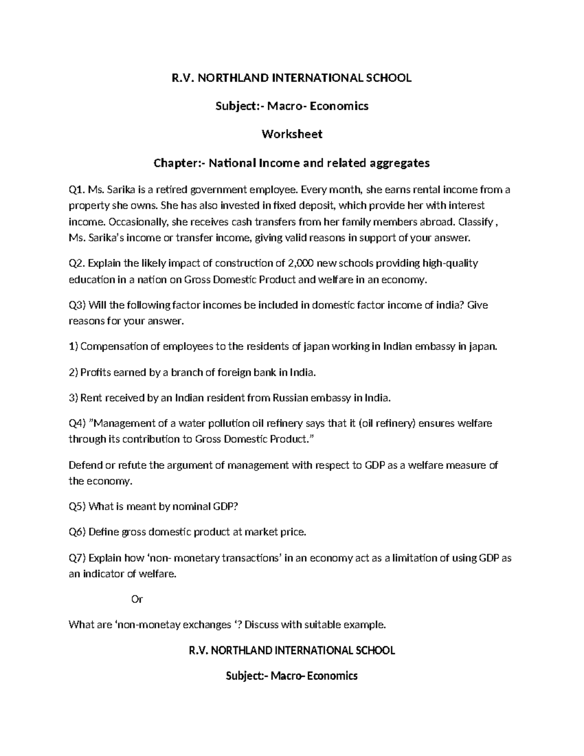 R.V. NORTHLAND INTERNATIONAL SCHOOL Economics Worksheet: National ...