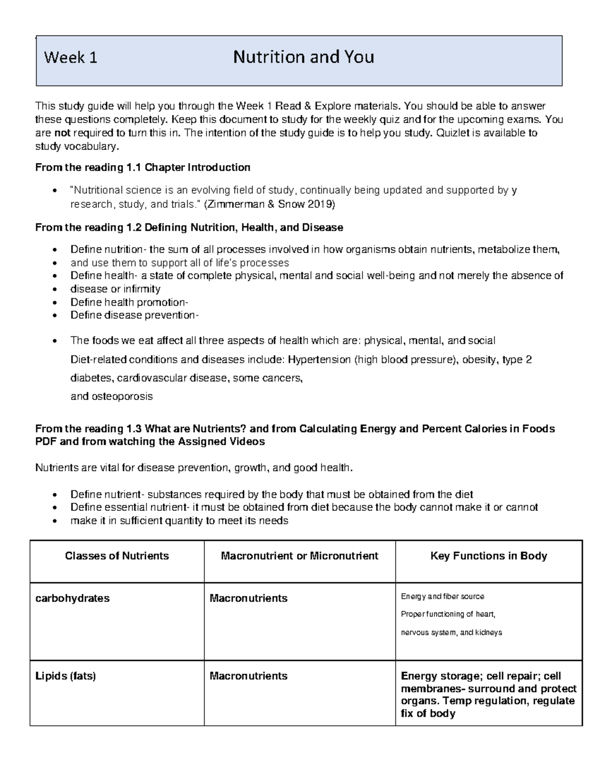 **Nutrition Study Guide Wk 1: Concepts & Dietary Guidelines for Quiz ...