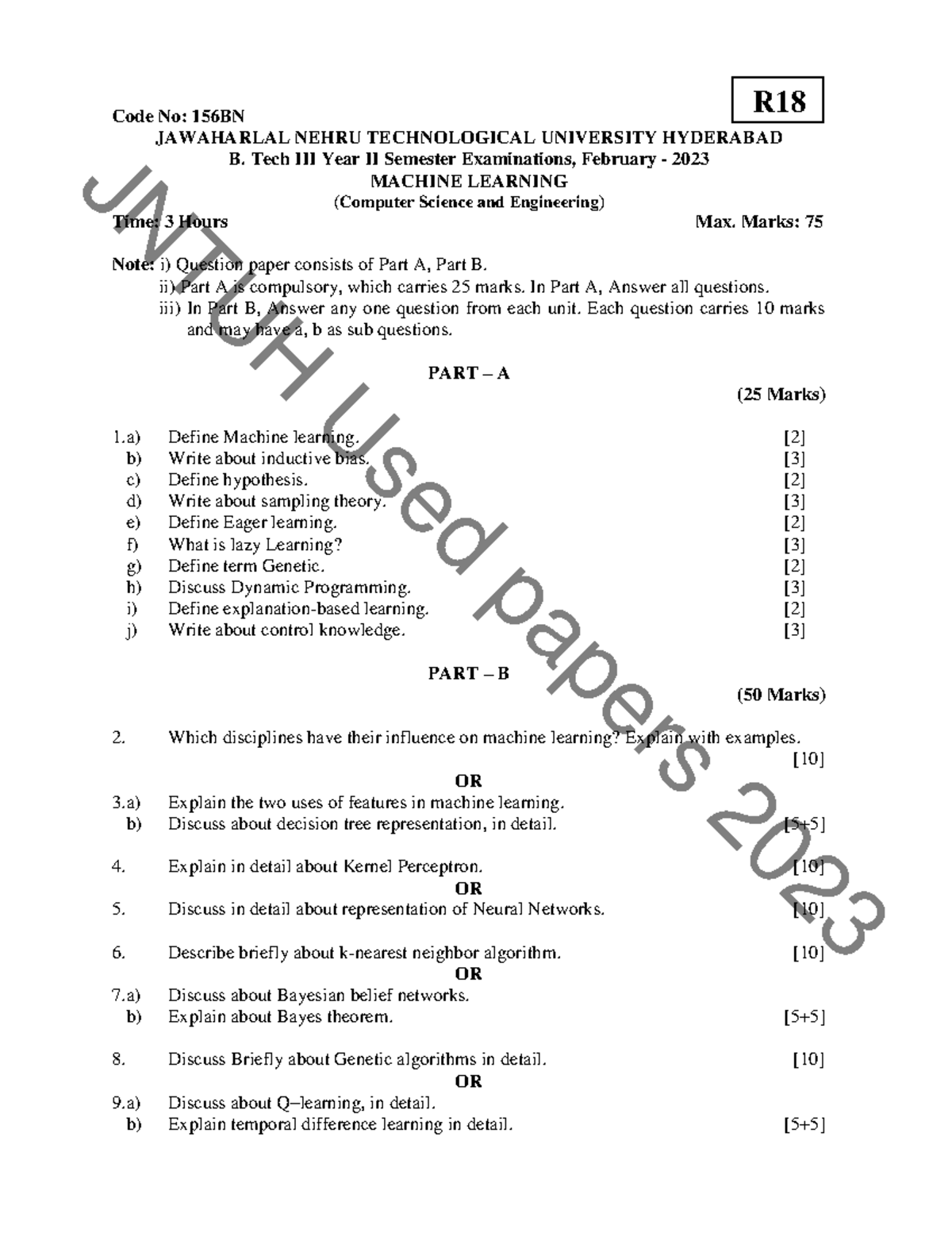 Machine Learning Question Paper - B.Tech III Year II Sem (156BN) - Studocu