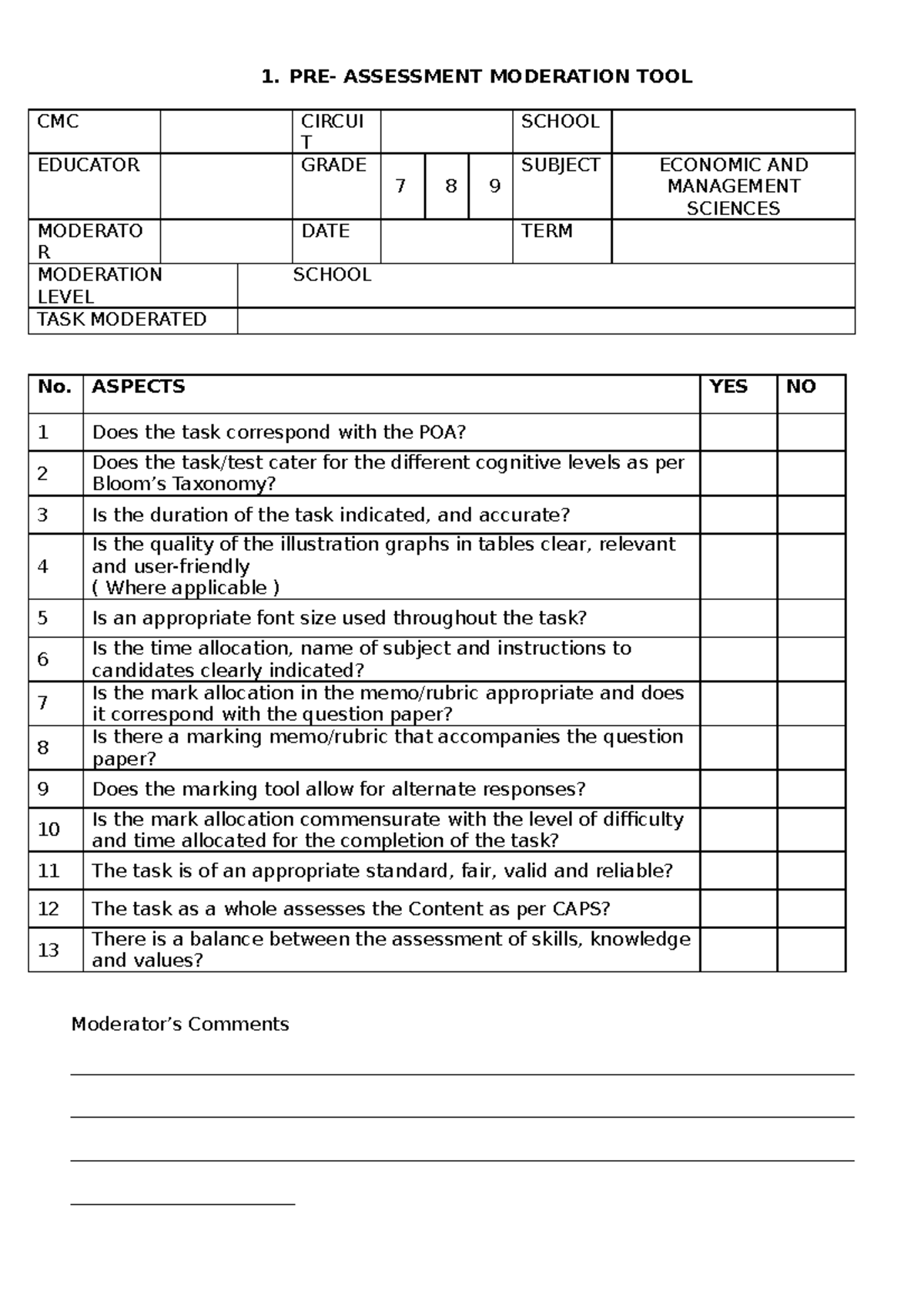 14. PRE Moderation TOOL - 1. PRE- ASSESSMENT MODERATION TOOL CMC CIRCUI ...
