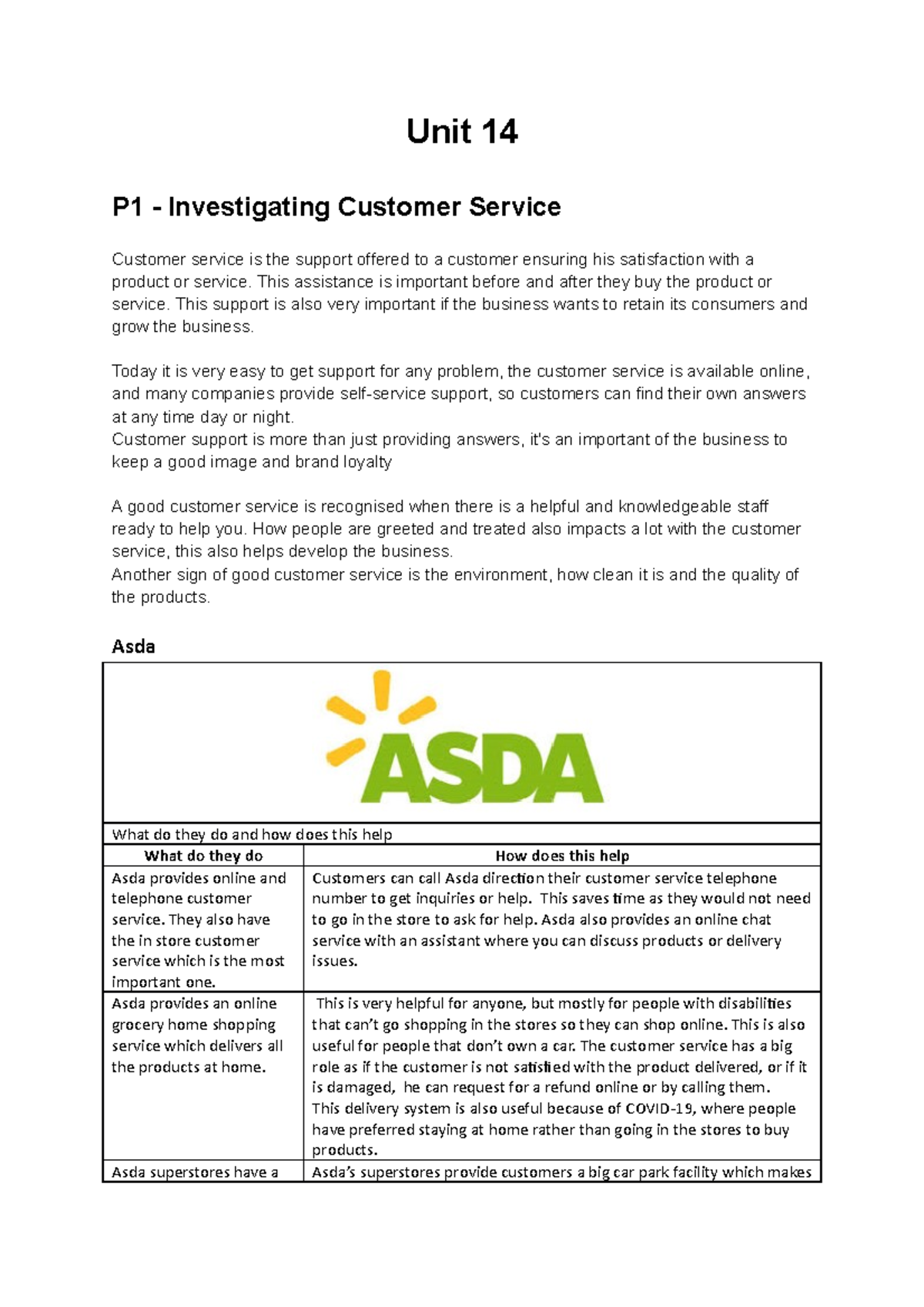Unit 14 P1 - Investigating Customer Service - Unit 14 P1 ...