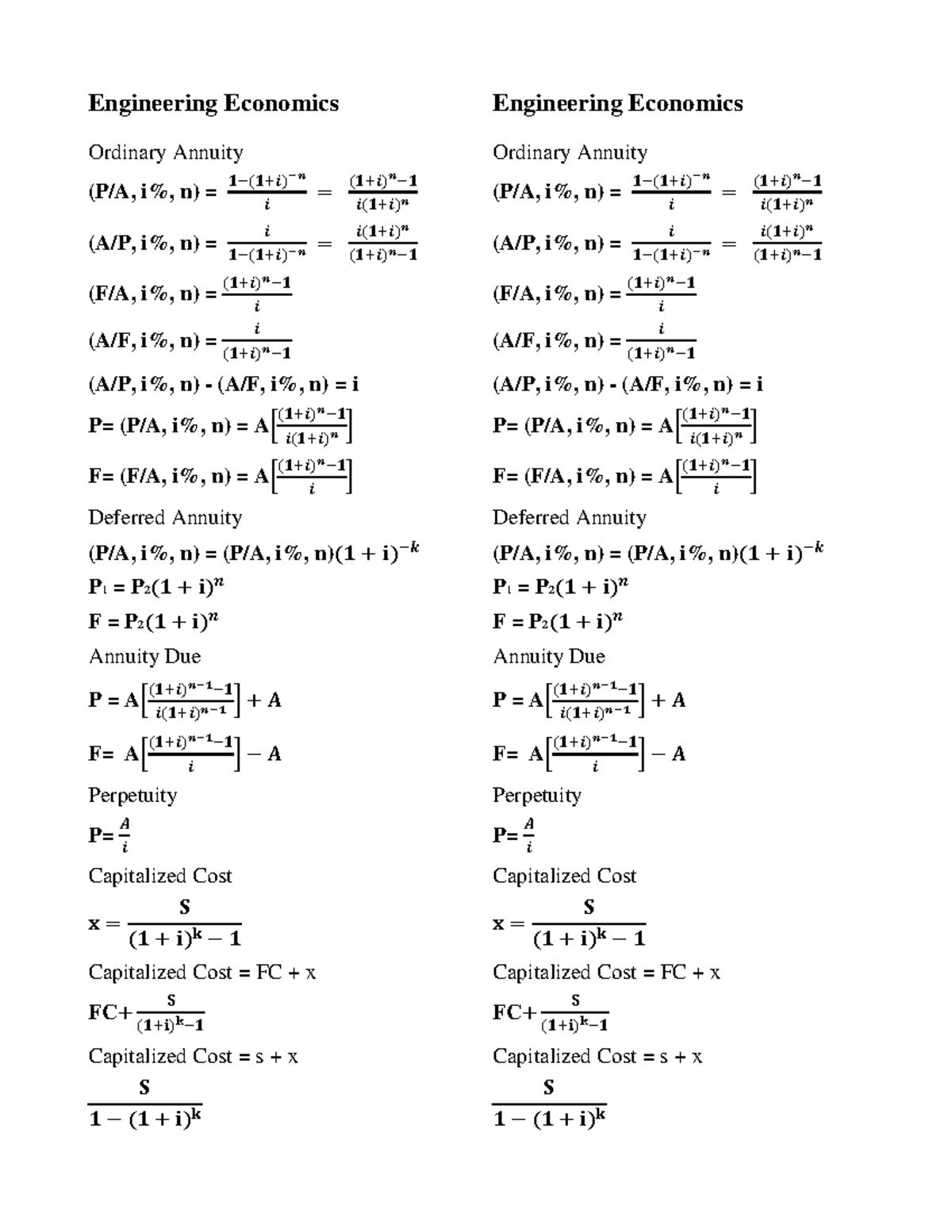 Engineering Economics - Engineering Economics Ordinary Annuity (P/A, i ...