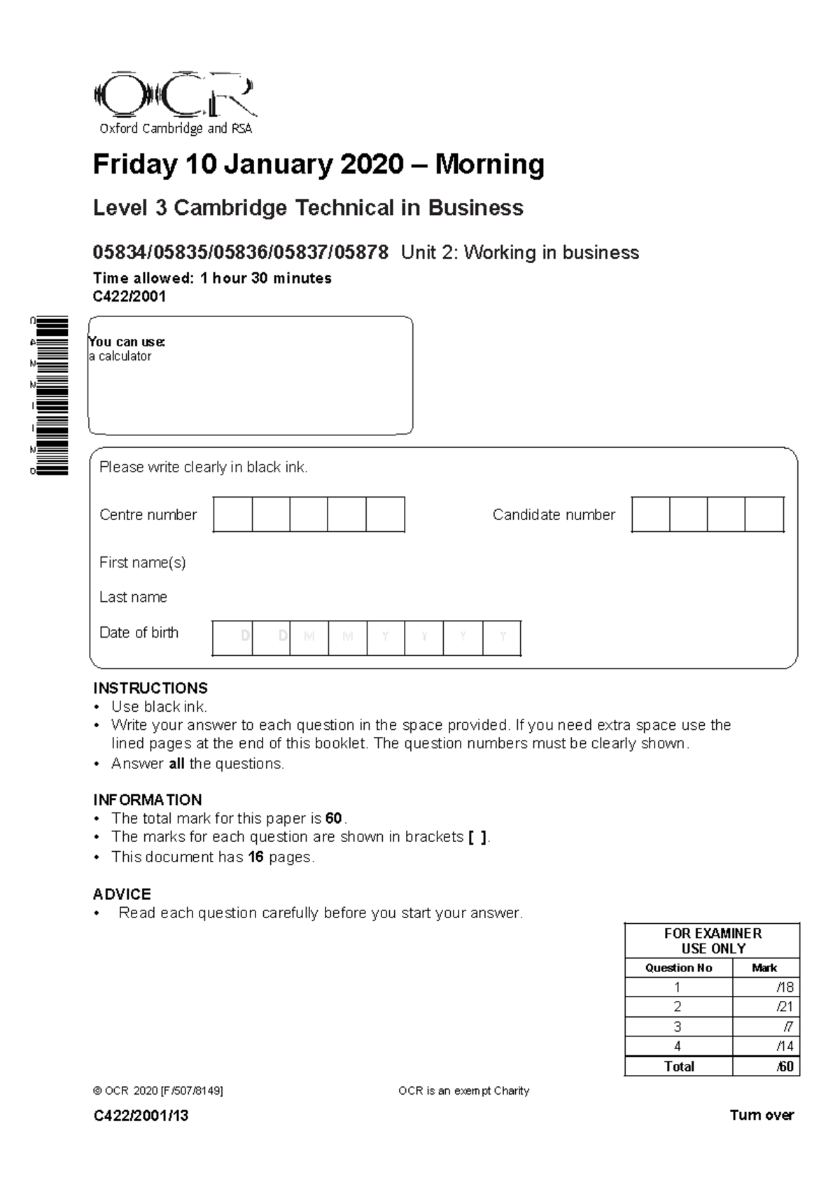 OCR Level 3 Cambridge Technical in Health and Social Care Unit 3 Exam Paper - Studocu