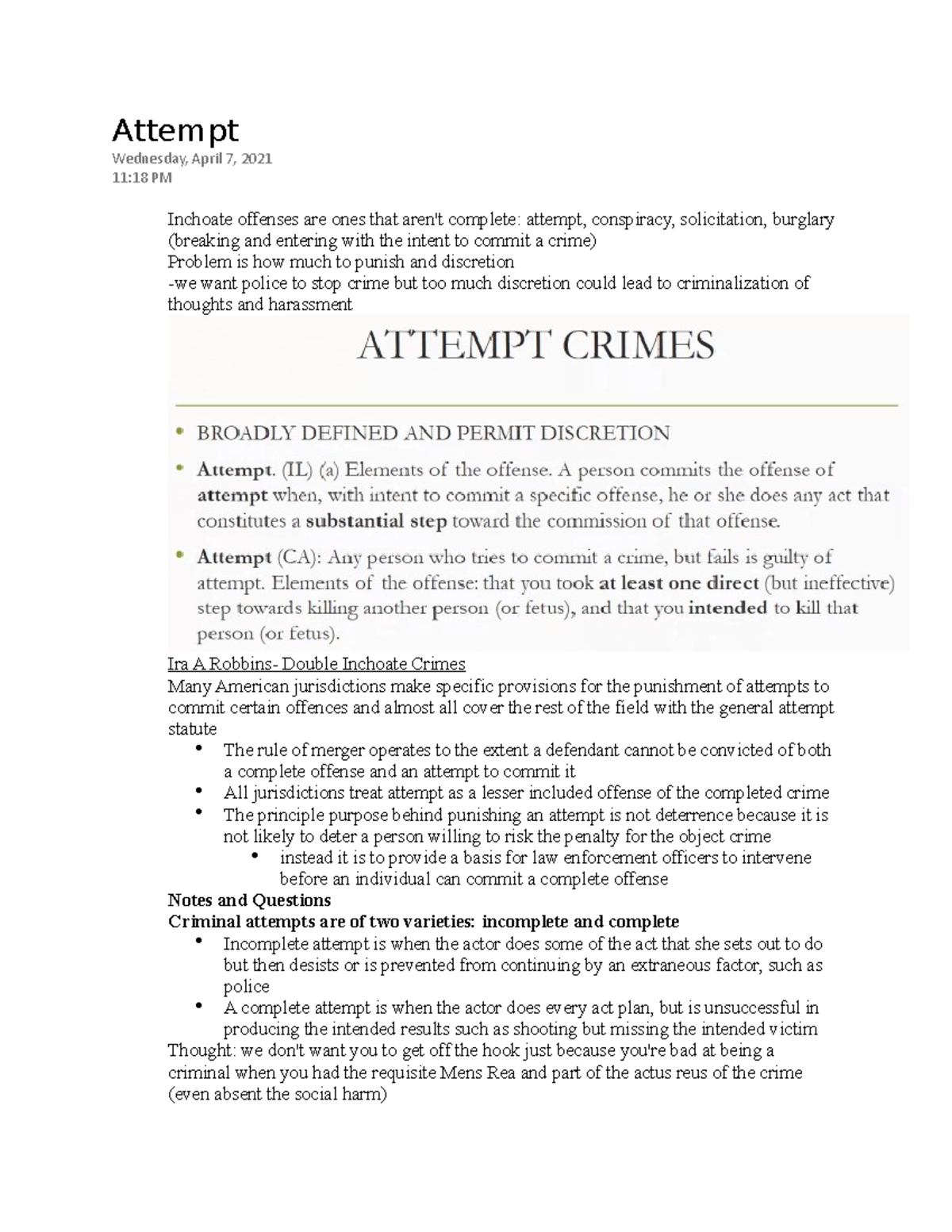 Criminal Attempt - Attempt Wednesday, April 7, 2021 11:18 PM Inchoate ...