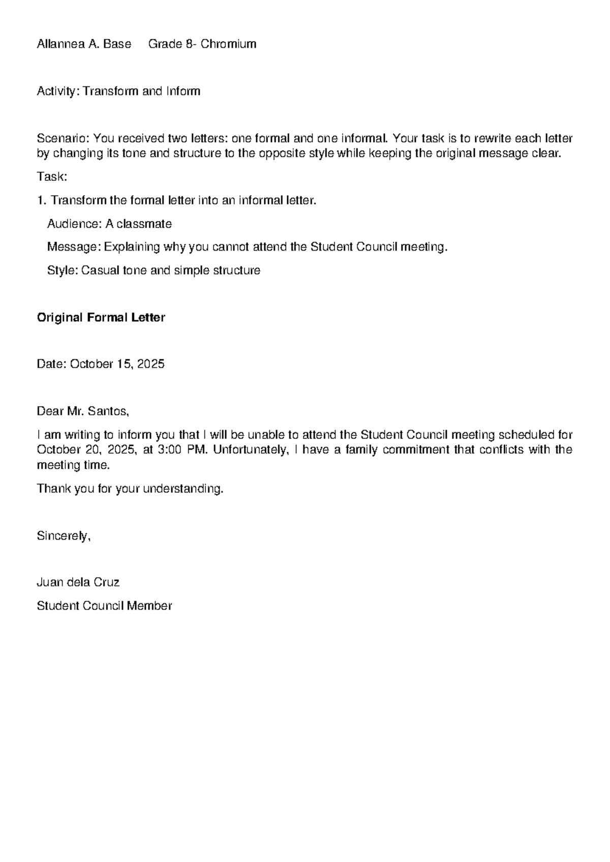 English 8 - Transforming Letter Styles: Formal to Informal & Vice Versa ...