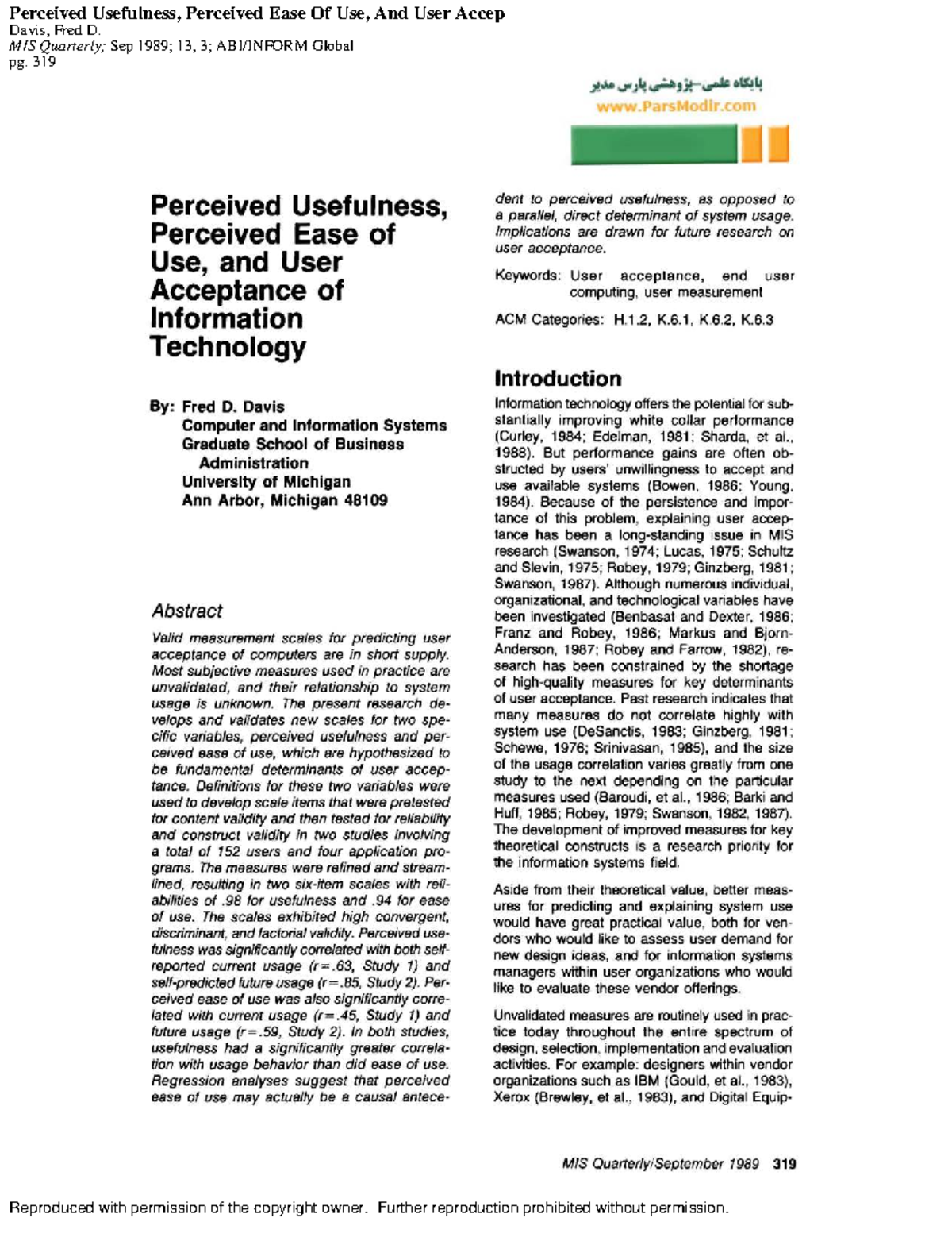 TAM-Davis-1989 - Validating User Acceptance Scales for IT - Studocu