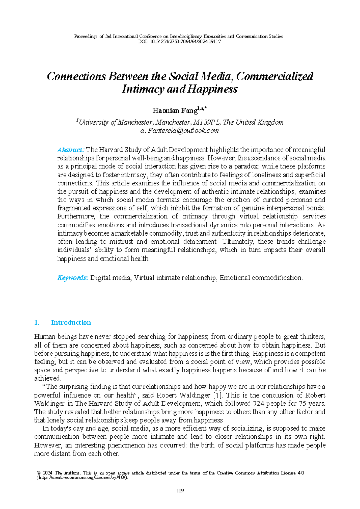 Connections Between Social Media, Intimacy, and Happiness: A Study ...