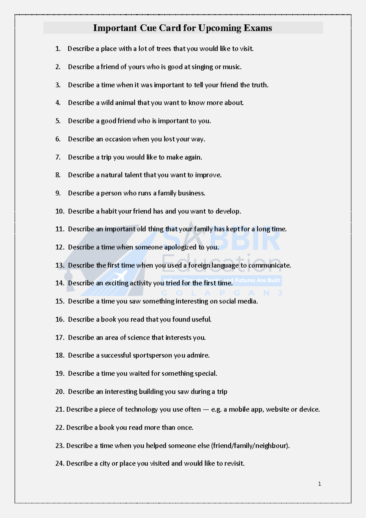 Important Cue Card for Upcoming Exams 2025: Descriptive Prompts - Studocu