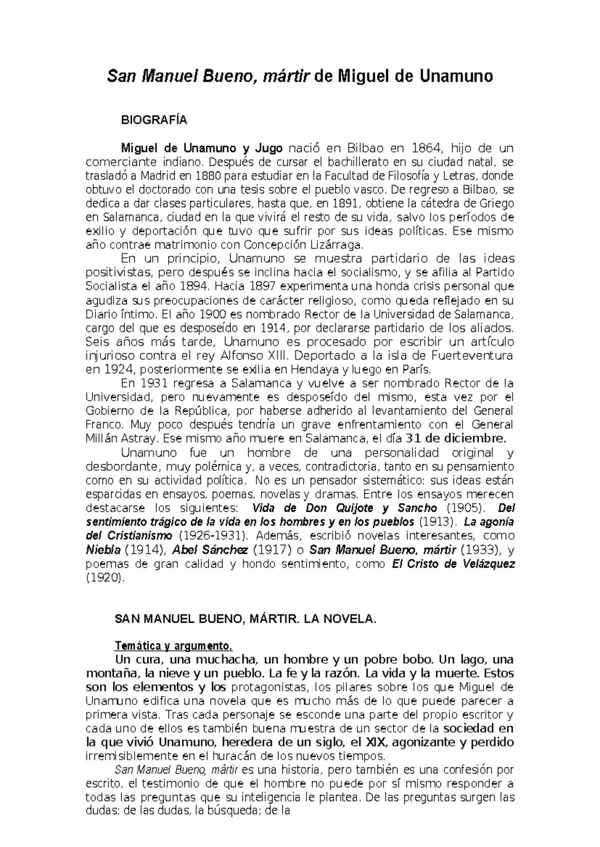 GUÍA DE Lectura DE San Manuel Bueno, mártir - San Manuel Bueno, mártir ...