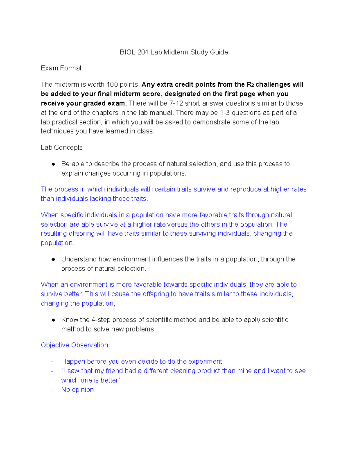 Bio 204 Lab Midterm Study Guide - BIOL 204 Lab Midterm Study Guide Exam Format The midterm is ...