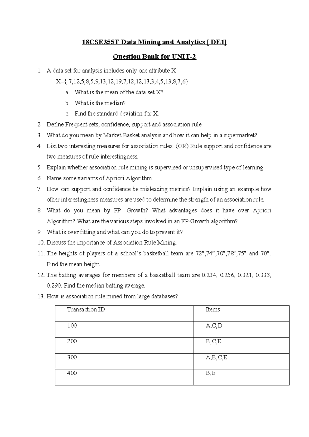 18CSE355T Data Mining & Analytics Quiz Question Bank - Unit 2 - Studocu