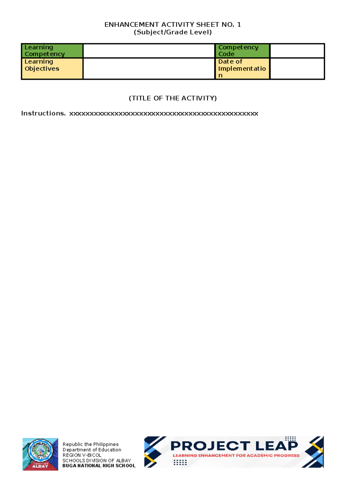 Enhancement Activity Sheet Template - Bsed science - ENHANCEMENT ...