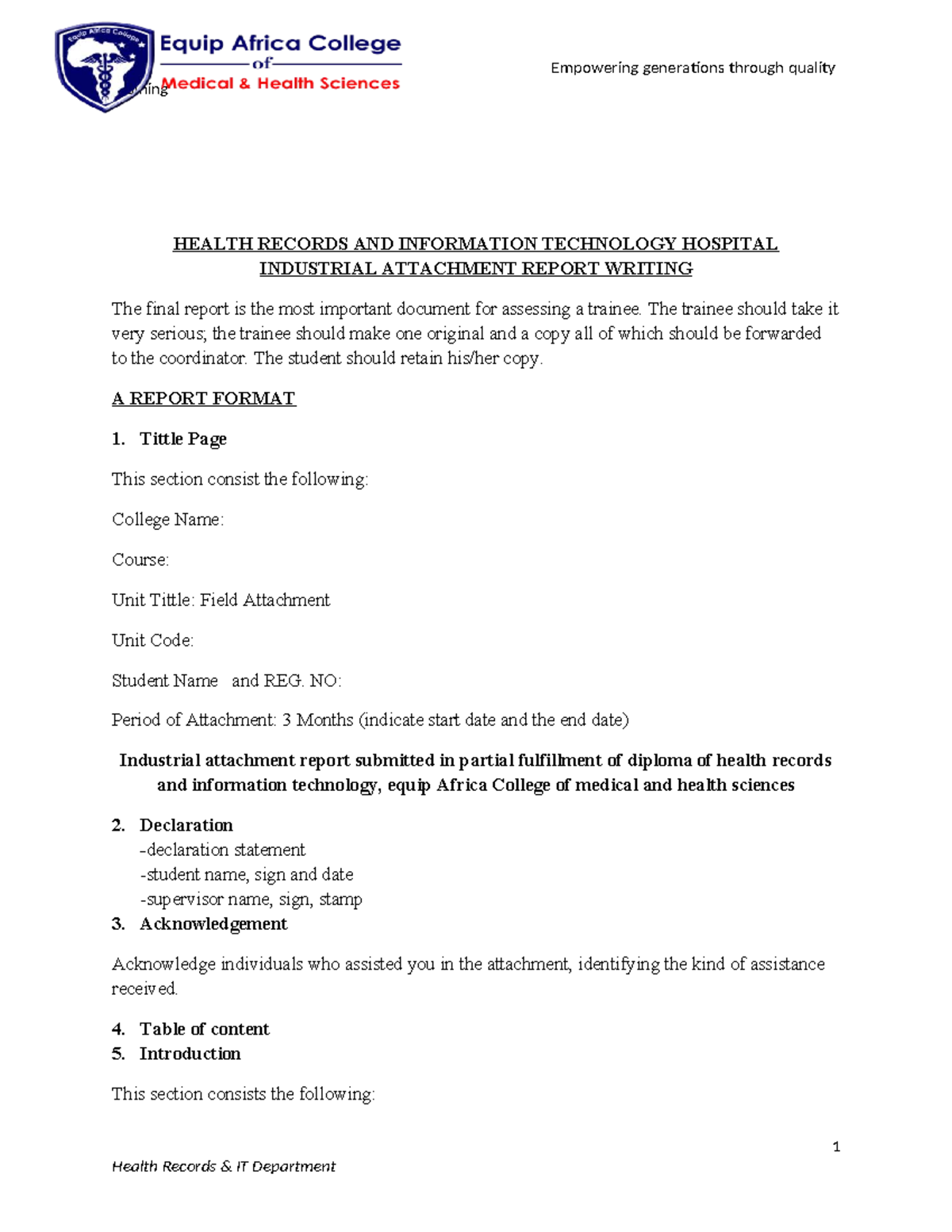 HEALTH RECORDS AND IT HOSPITAL ATTACHMENT REPORT FORMAT - Studocu