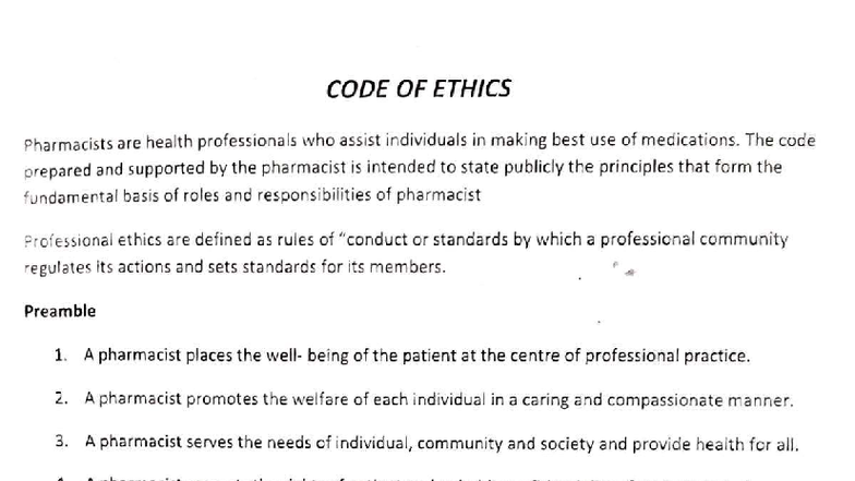 CODE OF ETHICS for Pharmacists: Principles & Responsibilities - Studocu