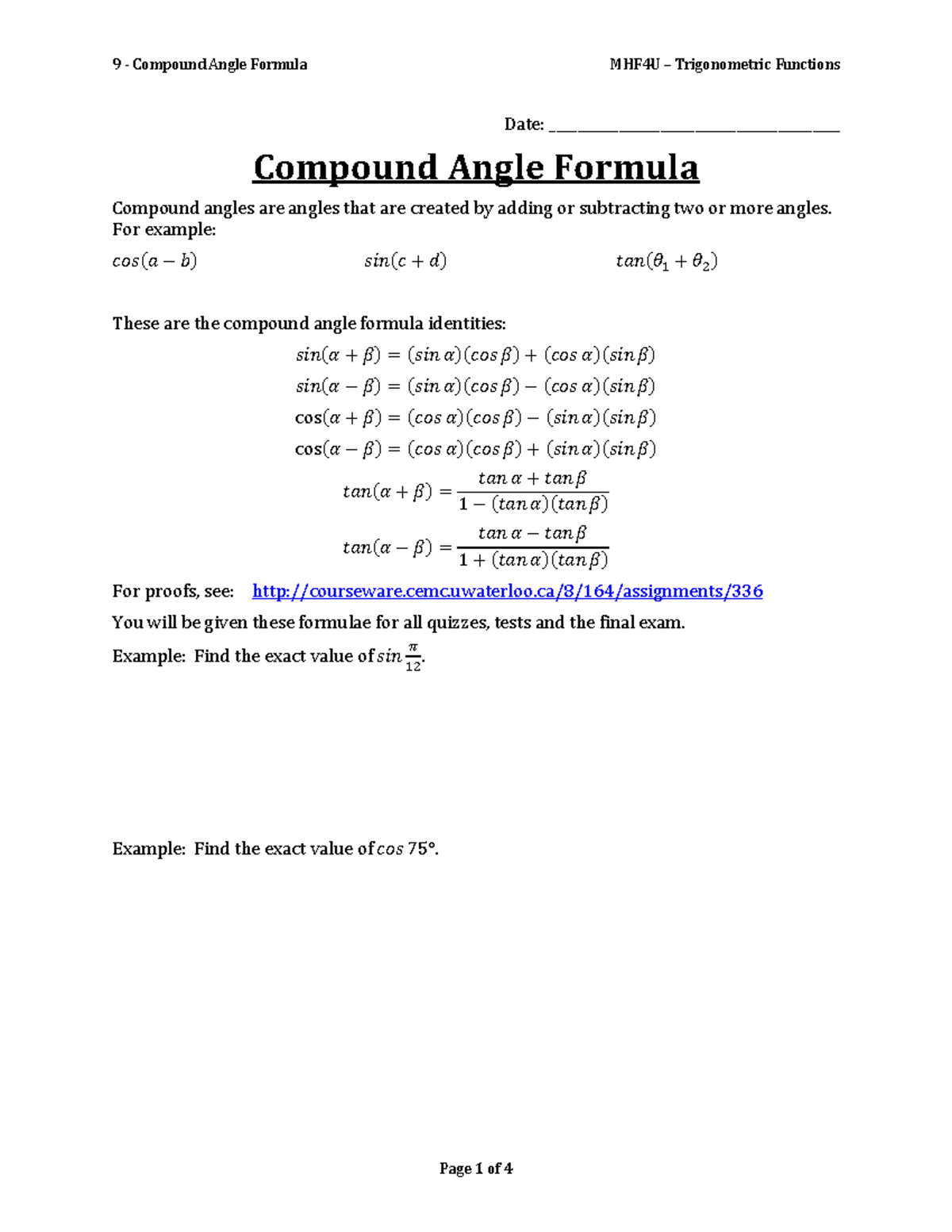 09 - Compound Angle Formula MHF4U Trigonometric Functions Notes - Studocu