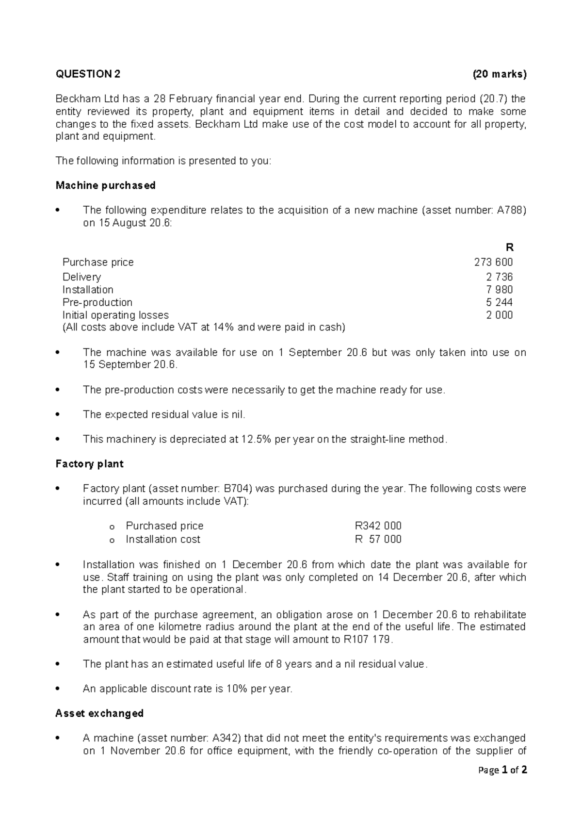 ACCC 271 Class test 1 of 2013 - QUESTION 2 (20 marks) Beckham Ltd has a ...