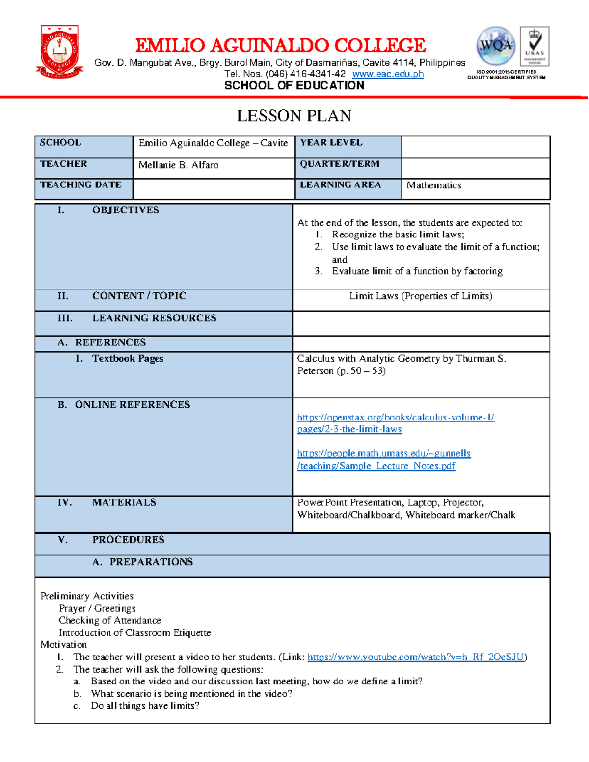 Mathematics Lesson Plan on Limit Laws (Properties of Limits) - Studocu