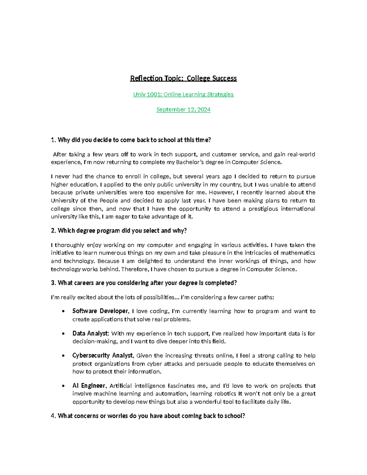 Univ 1001: Learning Journal Reflection on College Success Unit 1 - Studocu