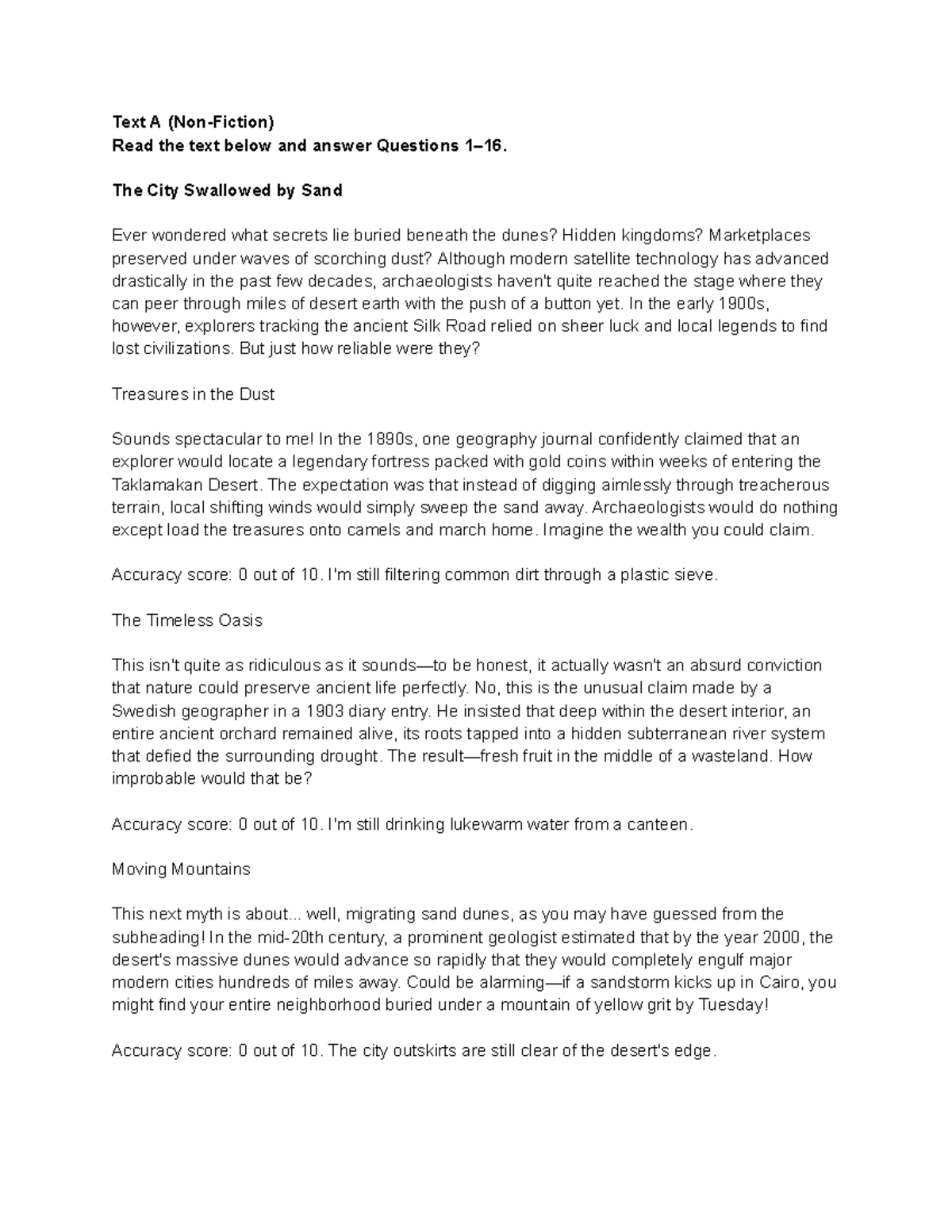 English SA2 Mock Test - Exploring Myths of Desert Exploration - Studocu