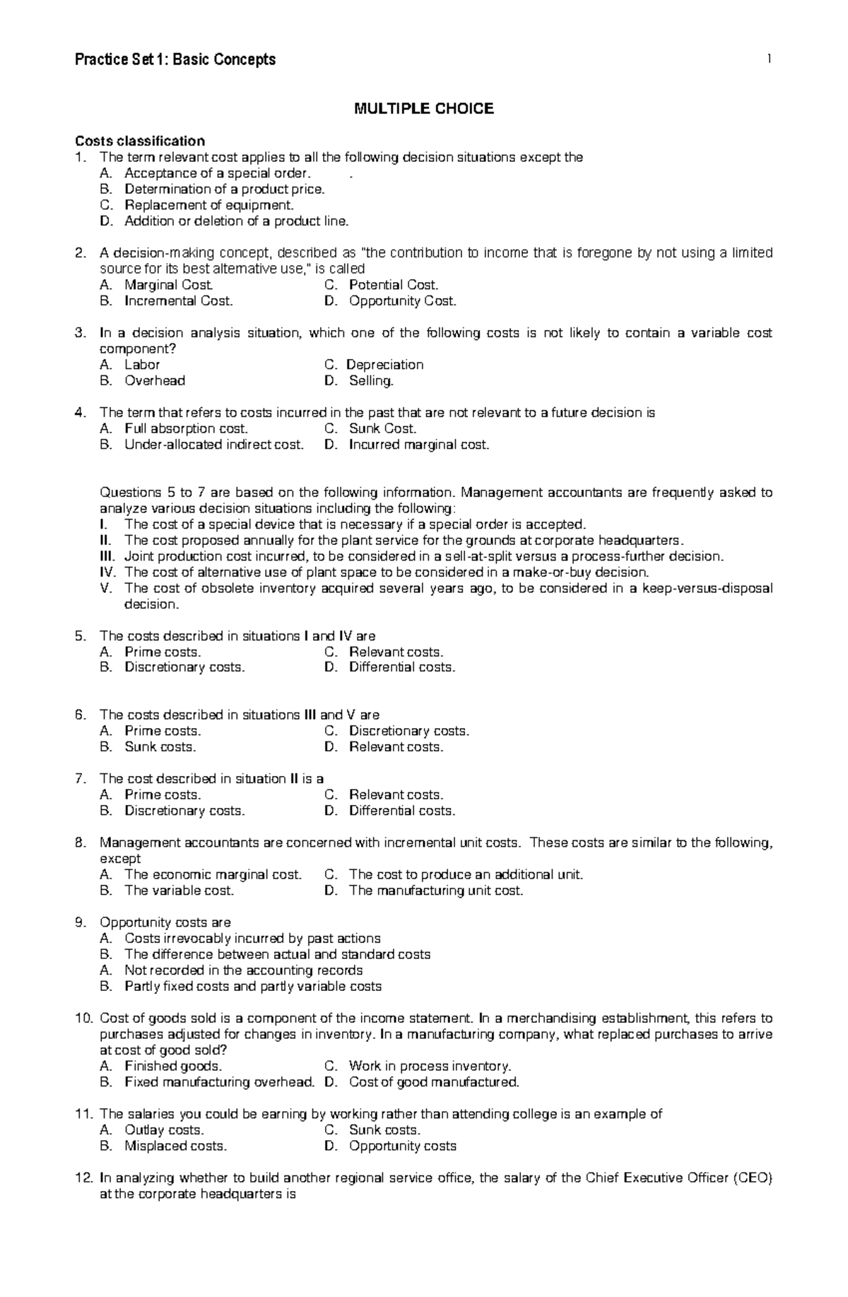Practice Set 1: Basic Concepts - Multiple Choice Questions - Studocu