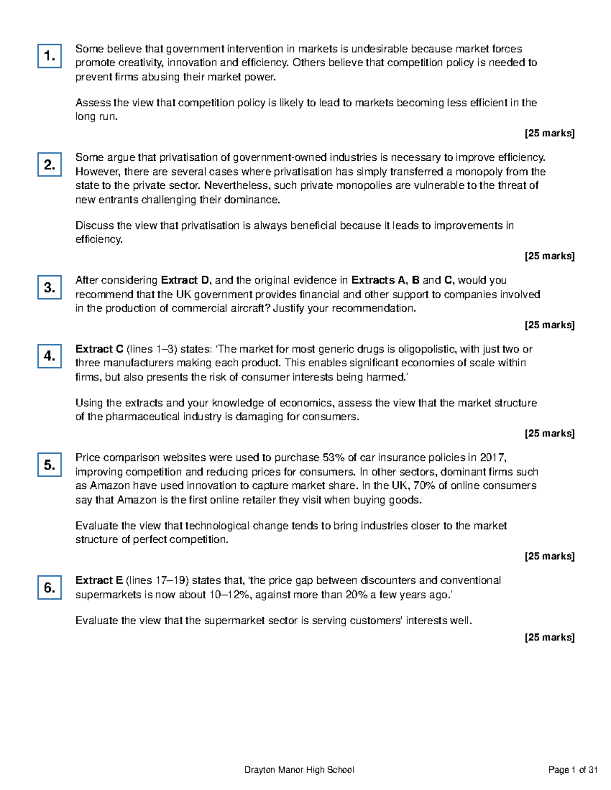 Competition Policy and Market Efficiency: 25 Mark Questions Analysis ...