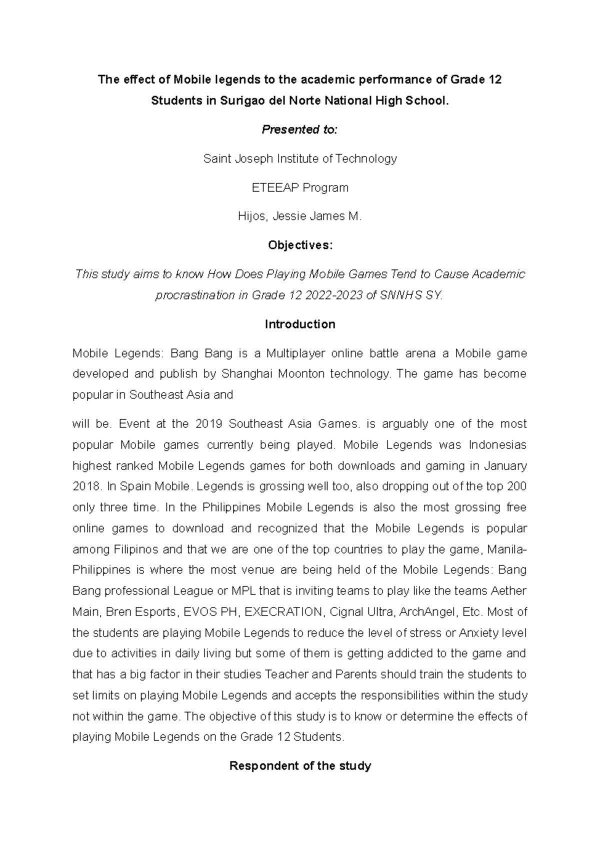 The Impact of Mobile Legends on Grade 12 Academic Performance at SNNHS ...